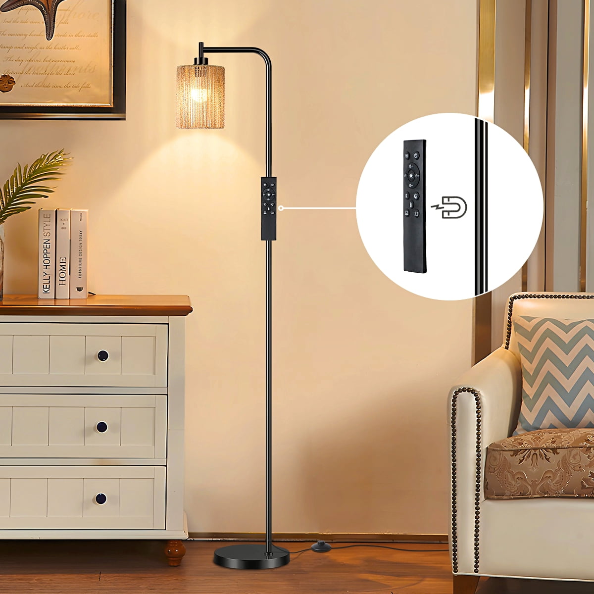 AKASUKI 67" Handwoven Rattan Arc Floor Lamp with Dimmable LED Light for ...