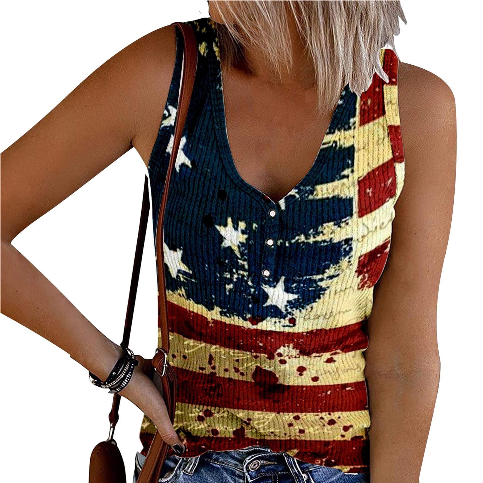 AKEGAMN Blue American Flag Button V Neck Tank Top - 4th Of July Knit ...