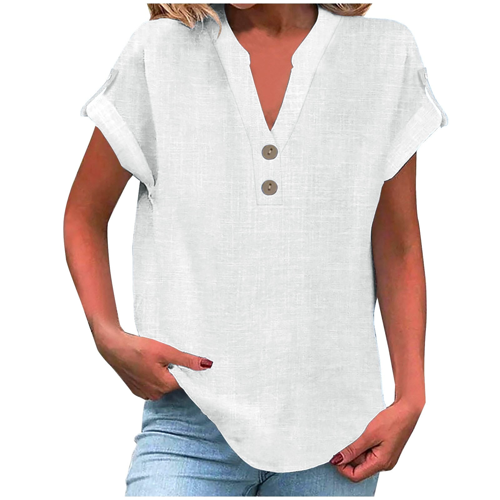 AKEGAMN Fashion Casual V Neck Button Down Short Sleeve T Shirts, White ...