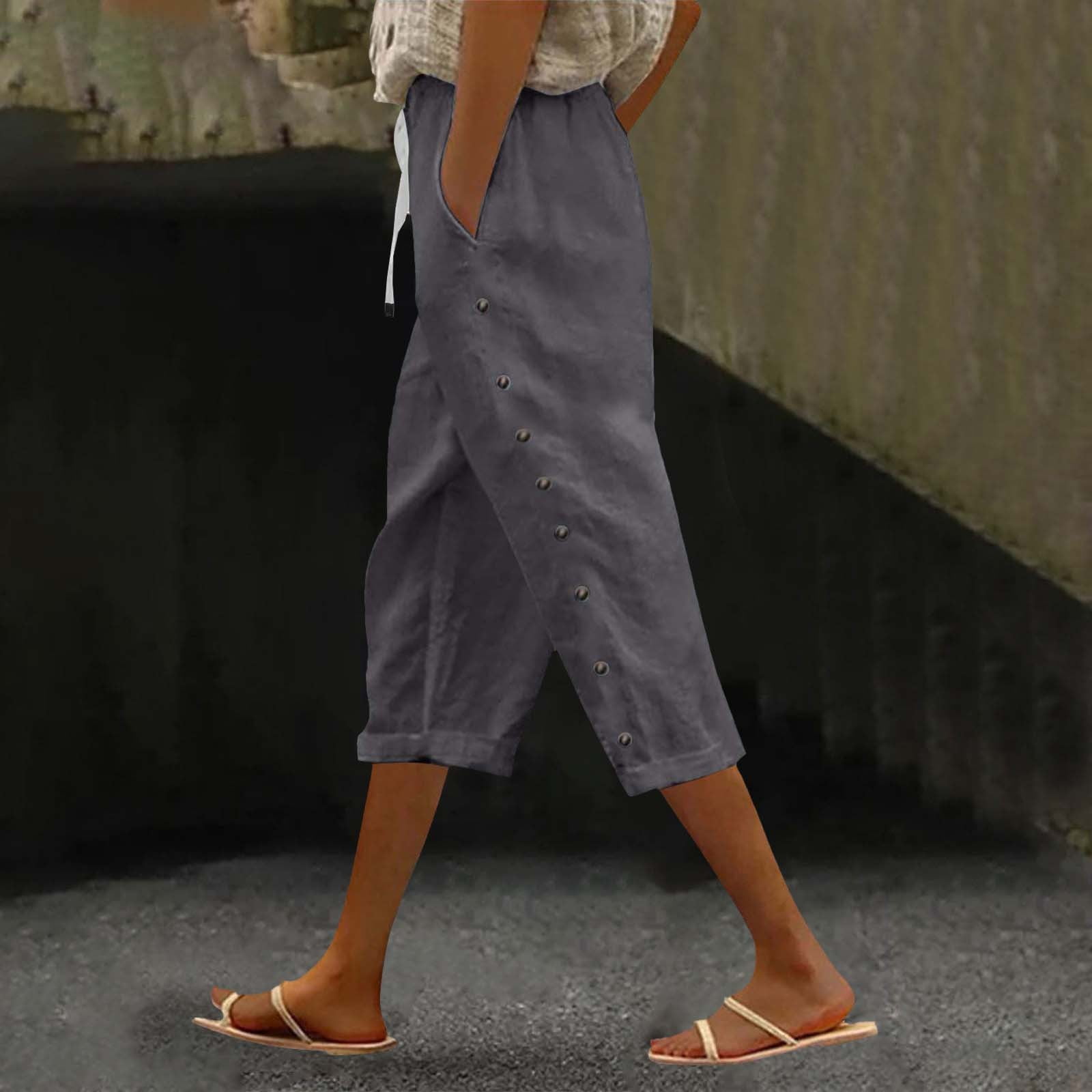 AKEGAMN Fashion Solid Color Cotton Linen Elastic Seven Pants Beach ...