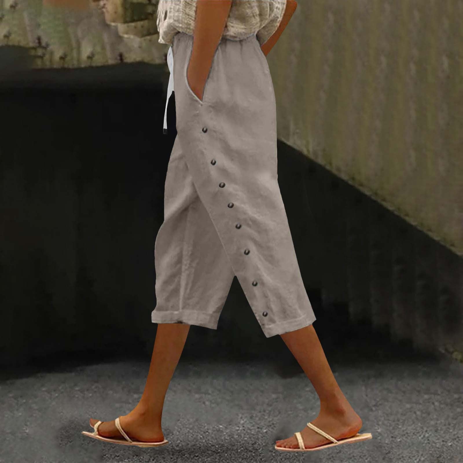 AKEGAMN Fashion Solid Color Cotton Linen Elastic Seven Pants Beach ...