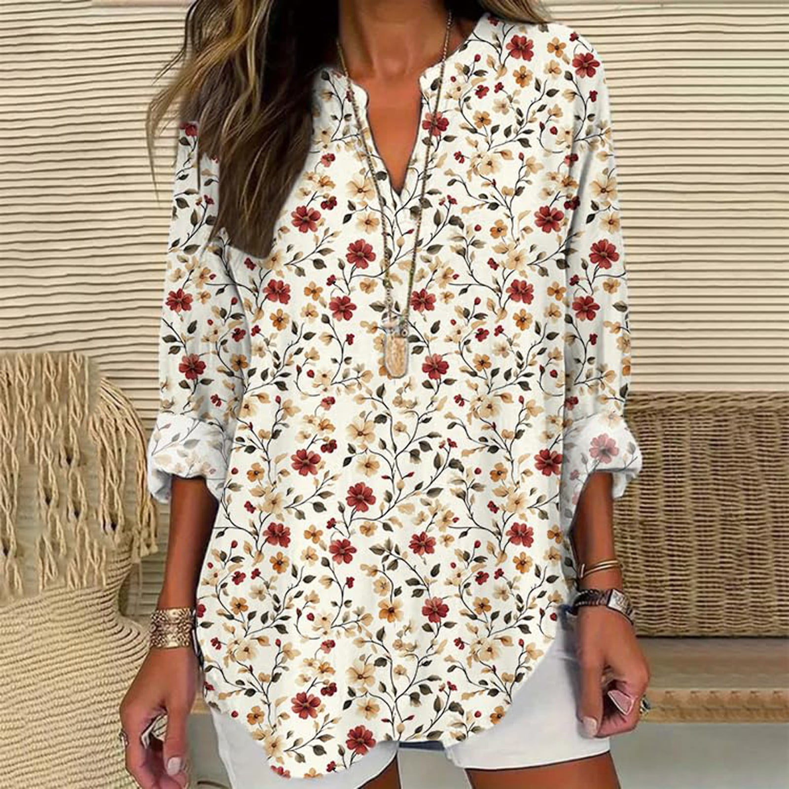 AKEGAMN Long Sleeve Floral V Neck Boho Plus Size Graphic Baggy Blouse ...
