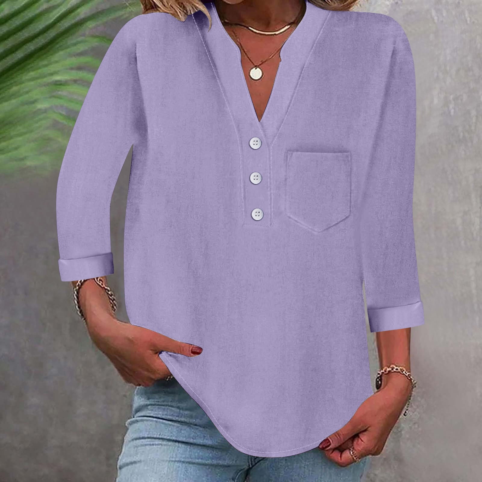 AKEGAMN Loose Button Shirt with Stand Collar and Solid Color Sleeve ...