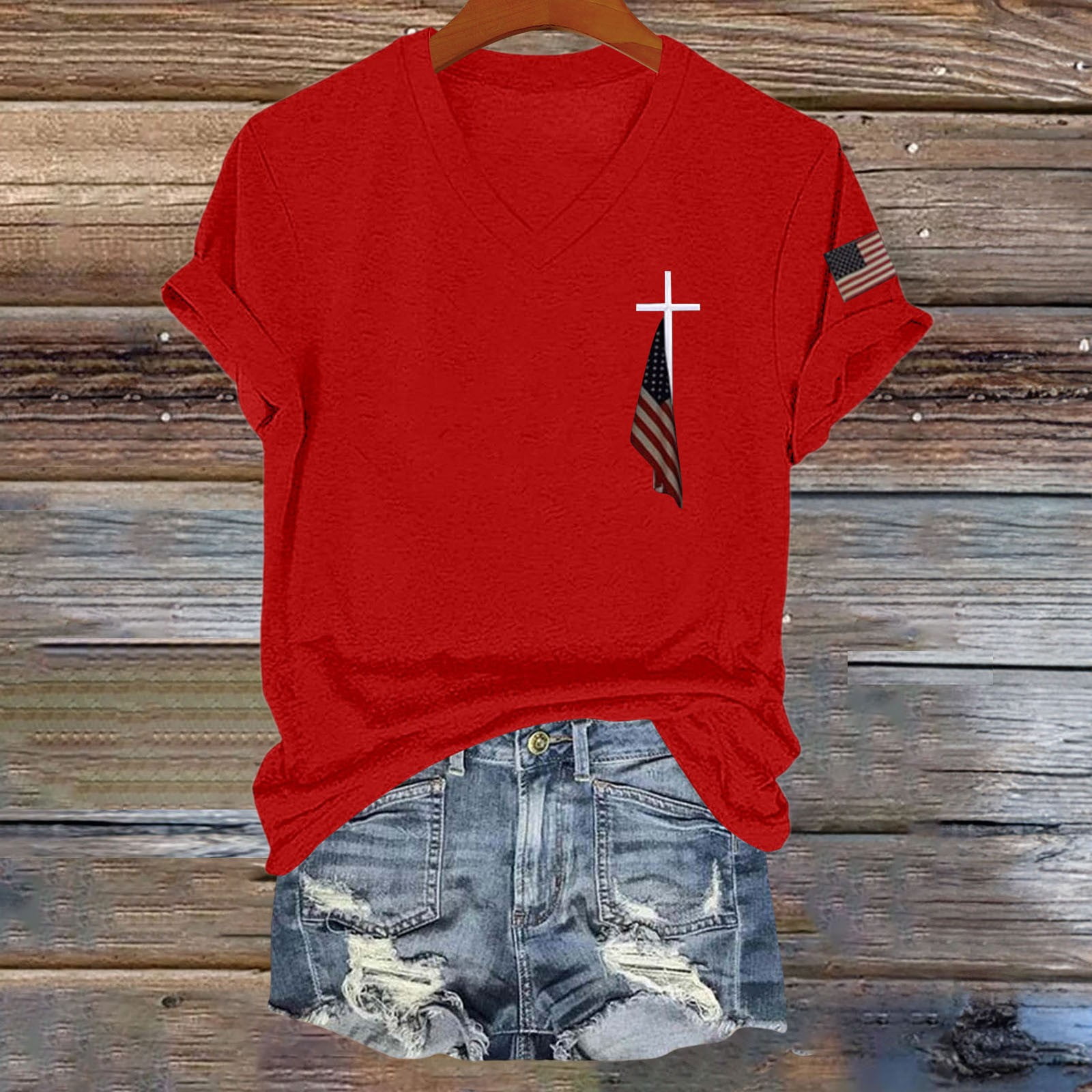 AKEGAMN Red 4th Of July Patriotic Graphic Tee - USA Flag Stripes Design ...