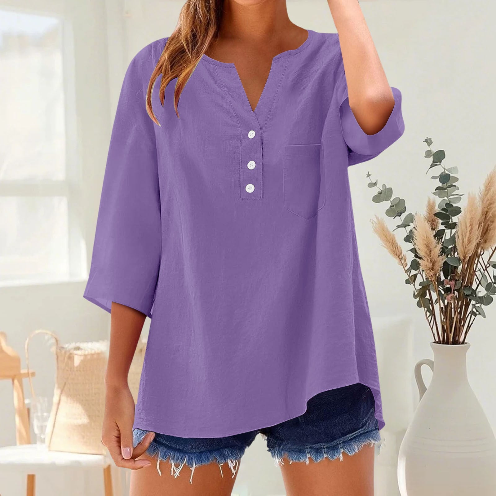 AKEGAMN Summer Button Down Tops 3/4 Length Sleeve Casual Blouses ...