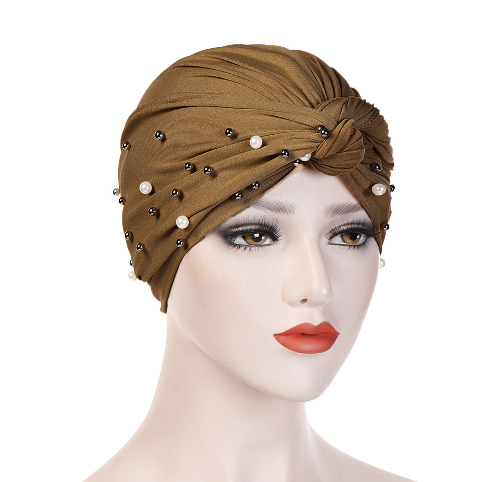 AKEGAMN Women's Pearl Beading Muslim Ruffle Turban Wrap Cap, Brown One ...