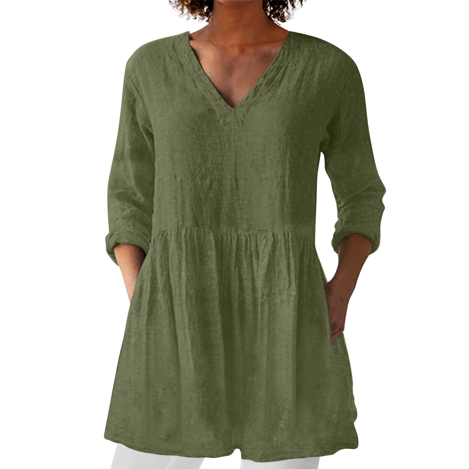 AKEGAMN Women's Spring Summer V-Neck 3/4 Sleeve Cotton Casual Tunic ...
