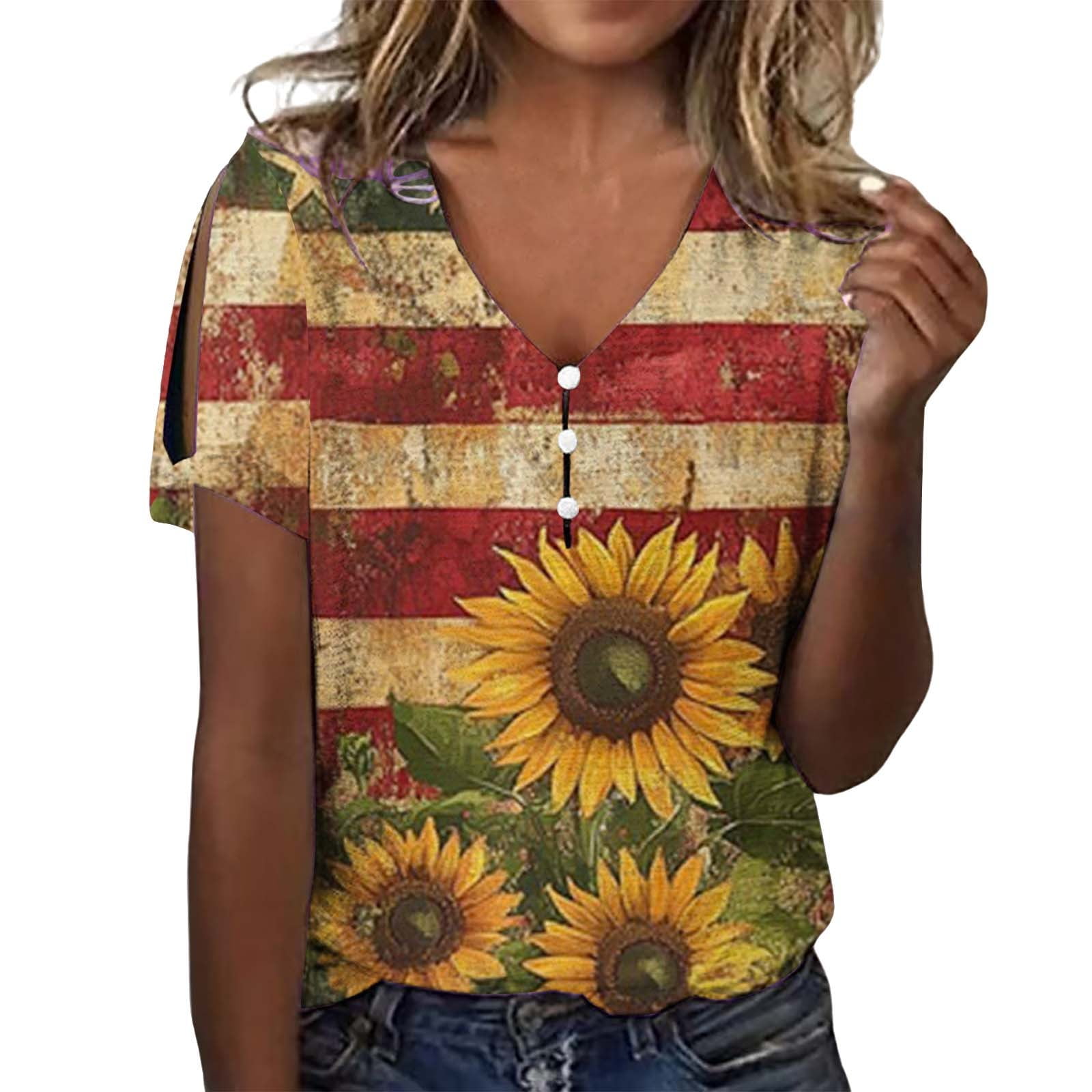 AKEGAMN Yellow Independence Day Crew Neck Short Sleeve Graphic Top ...