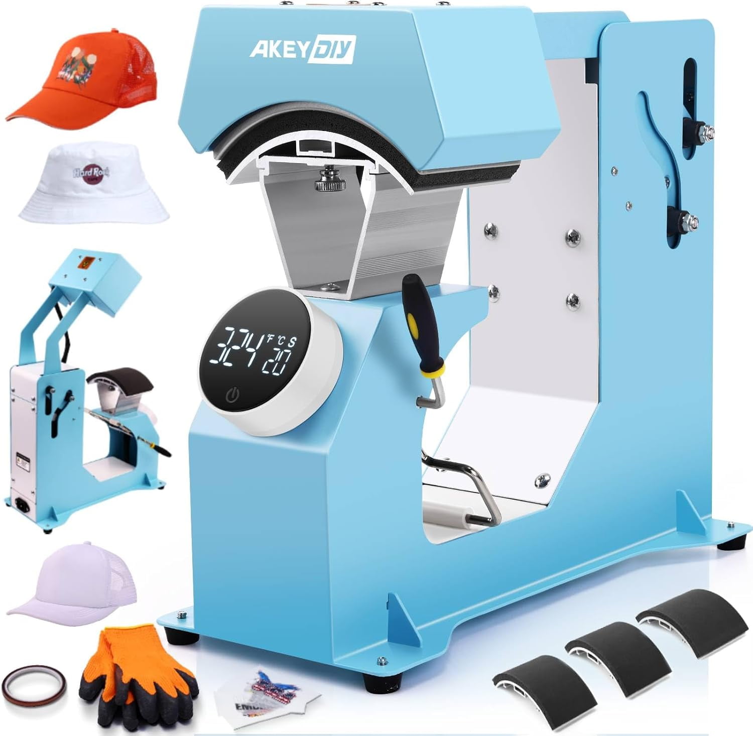 AKEYDIY Auto Hat Heat Press Machine for Caps with 3pcs Interchangeable ...