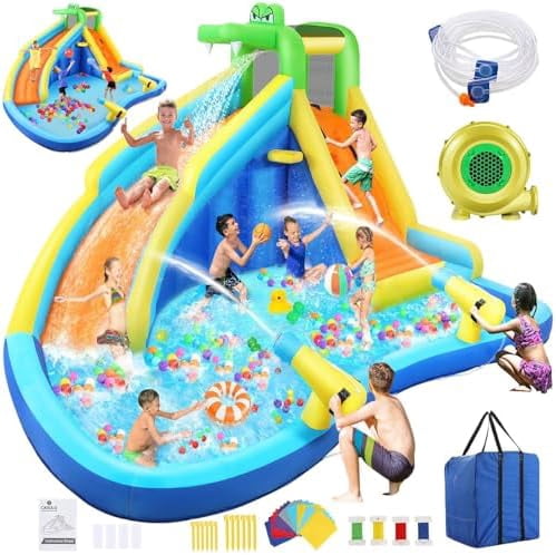 AKEYDIY Inflatable Water Slide Park with Splash Pool,Water Gun,Ball ...