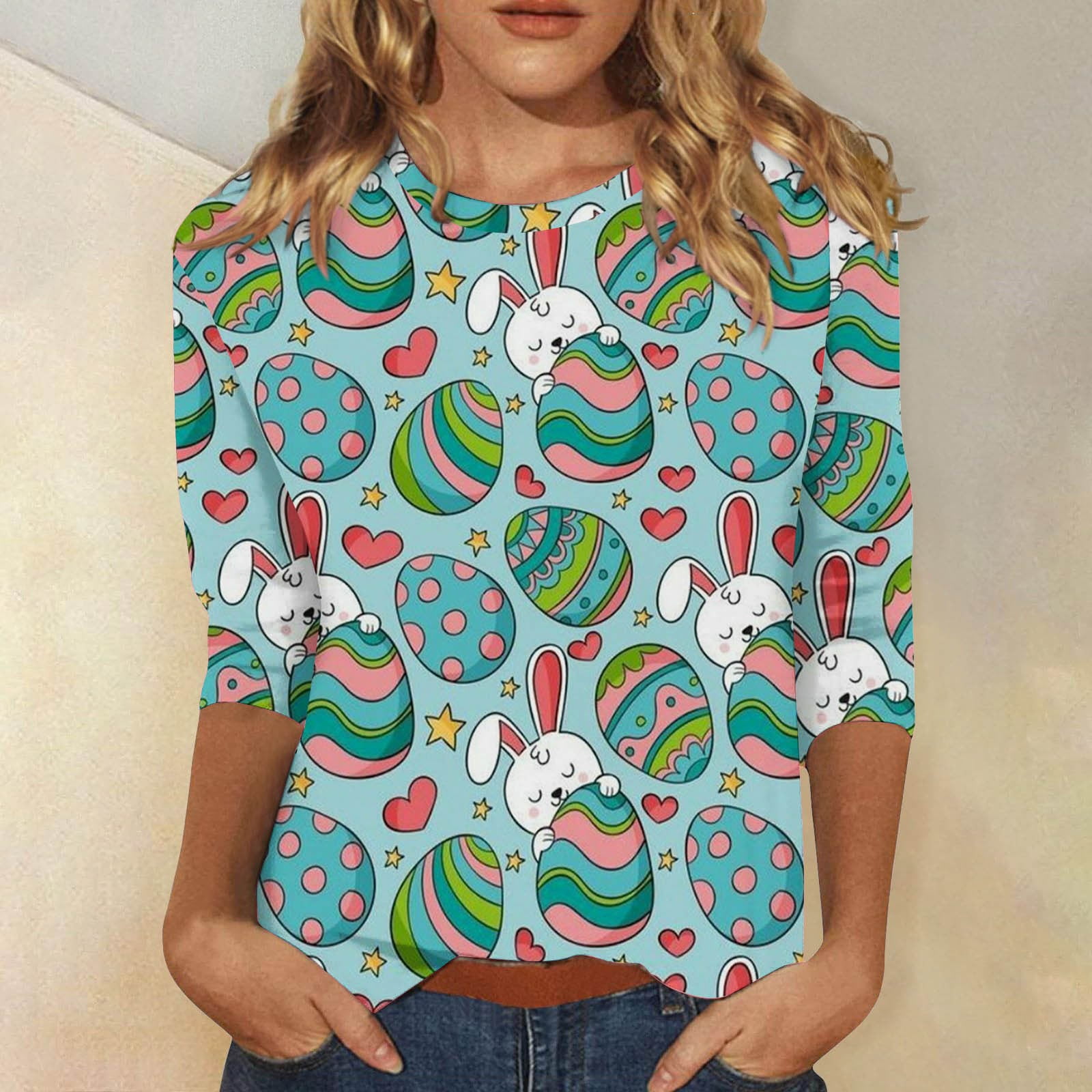 AKGEAMN Easter Rabbit 3/4 Sleeve T-Shirt Egg, Flower, Bunny Dark Blue ...