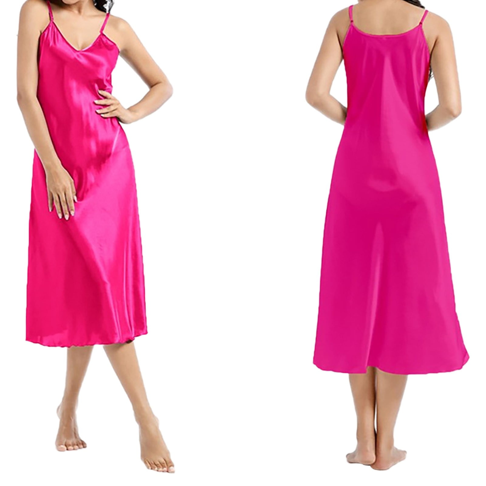 AKGEAMN Women's Satin Deep V Neck Sleeveless Nightgown Below-the-Knee ...