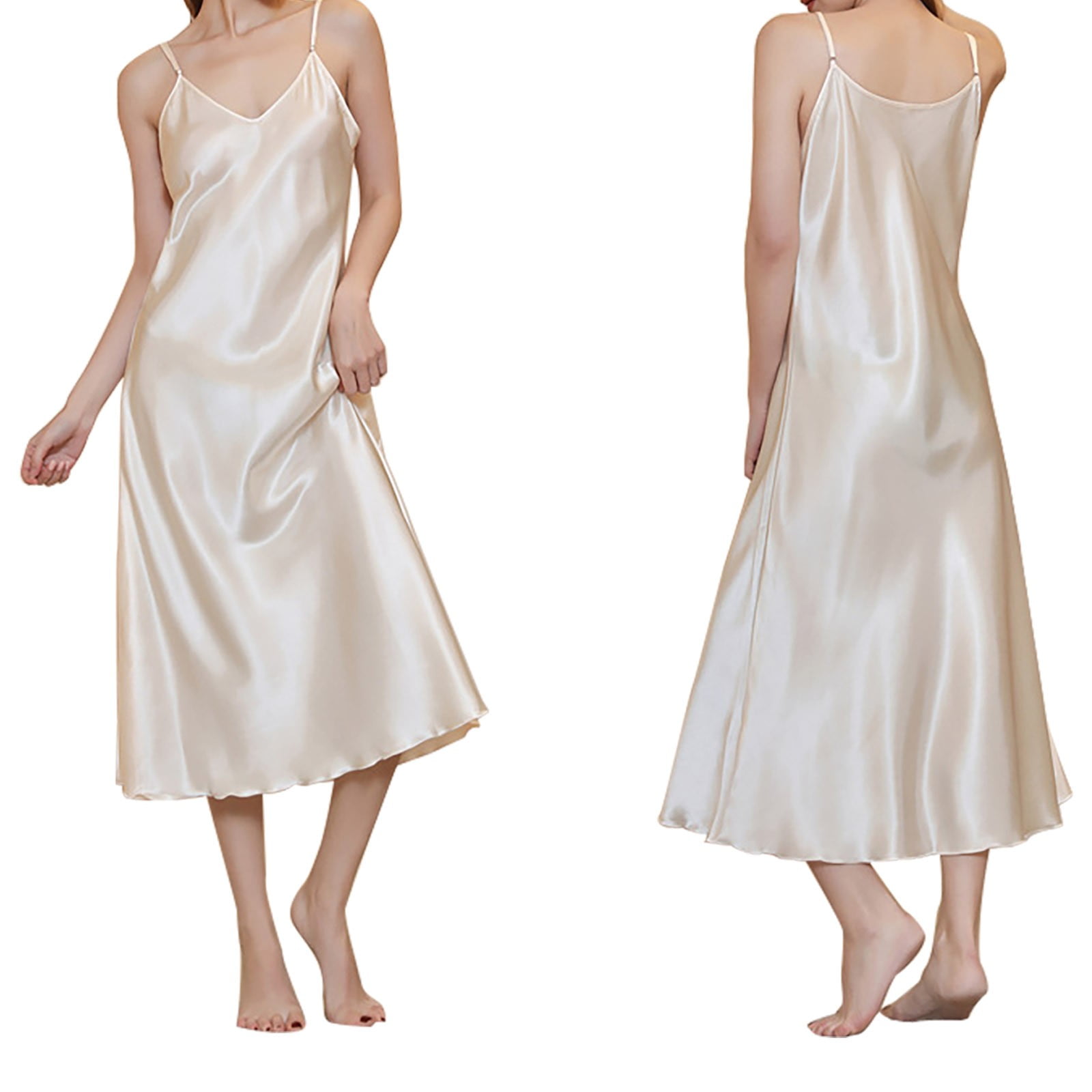 AKGEAMN Women's Satin Deep V Neck Sleeveless Nightgown Below-the-Knee ...