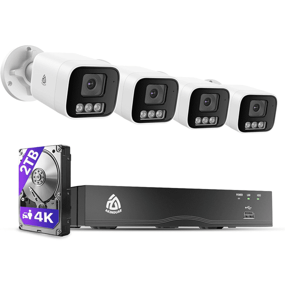 AKINGUAR 4K 8CH PoE Security Camera System NVR Kit, 4pcs Wired IP ...