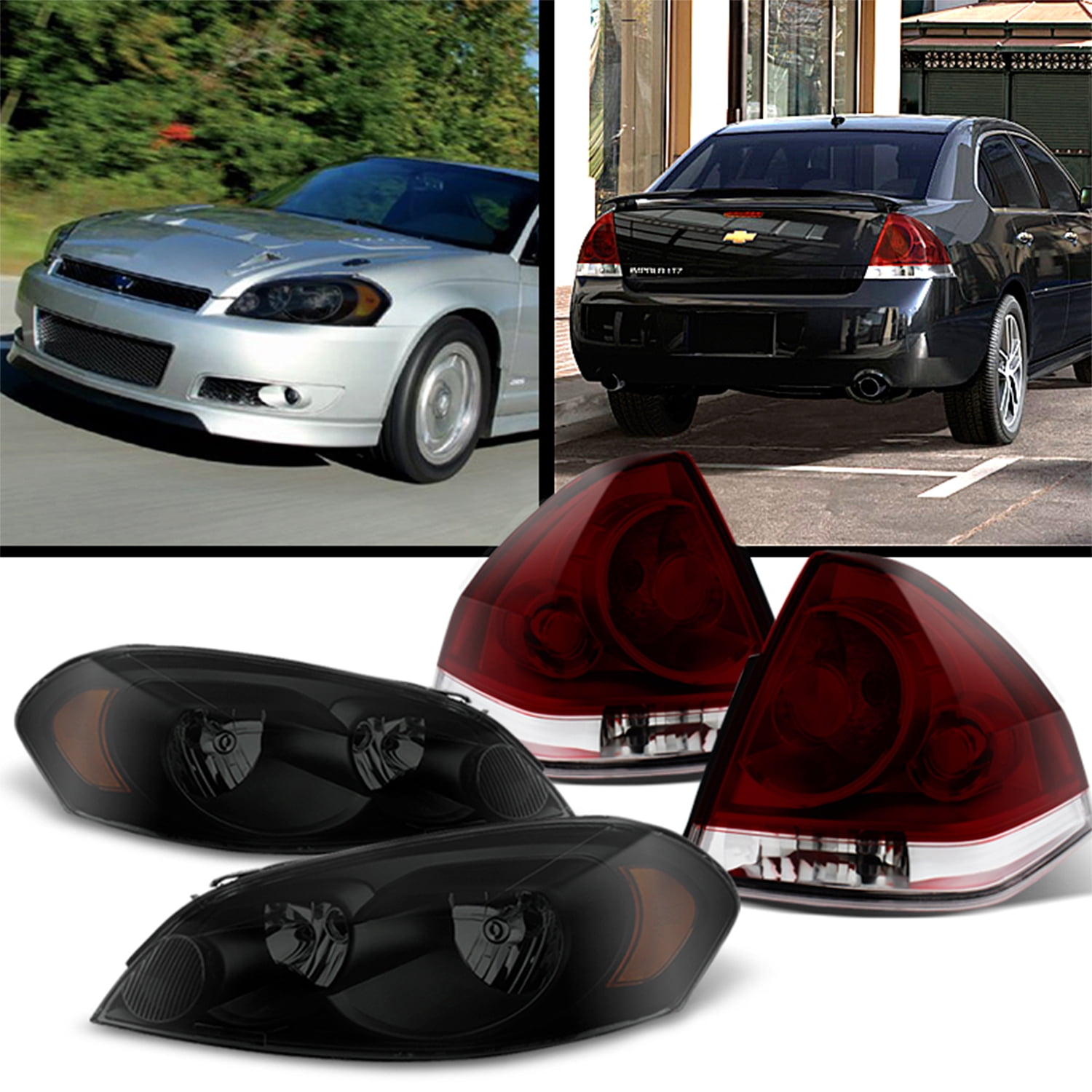 AKKON - Black Smoked Headlights + Dark Red Smoke Tail Lamp Fits 2006 ...
