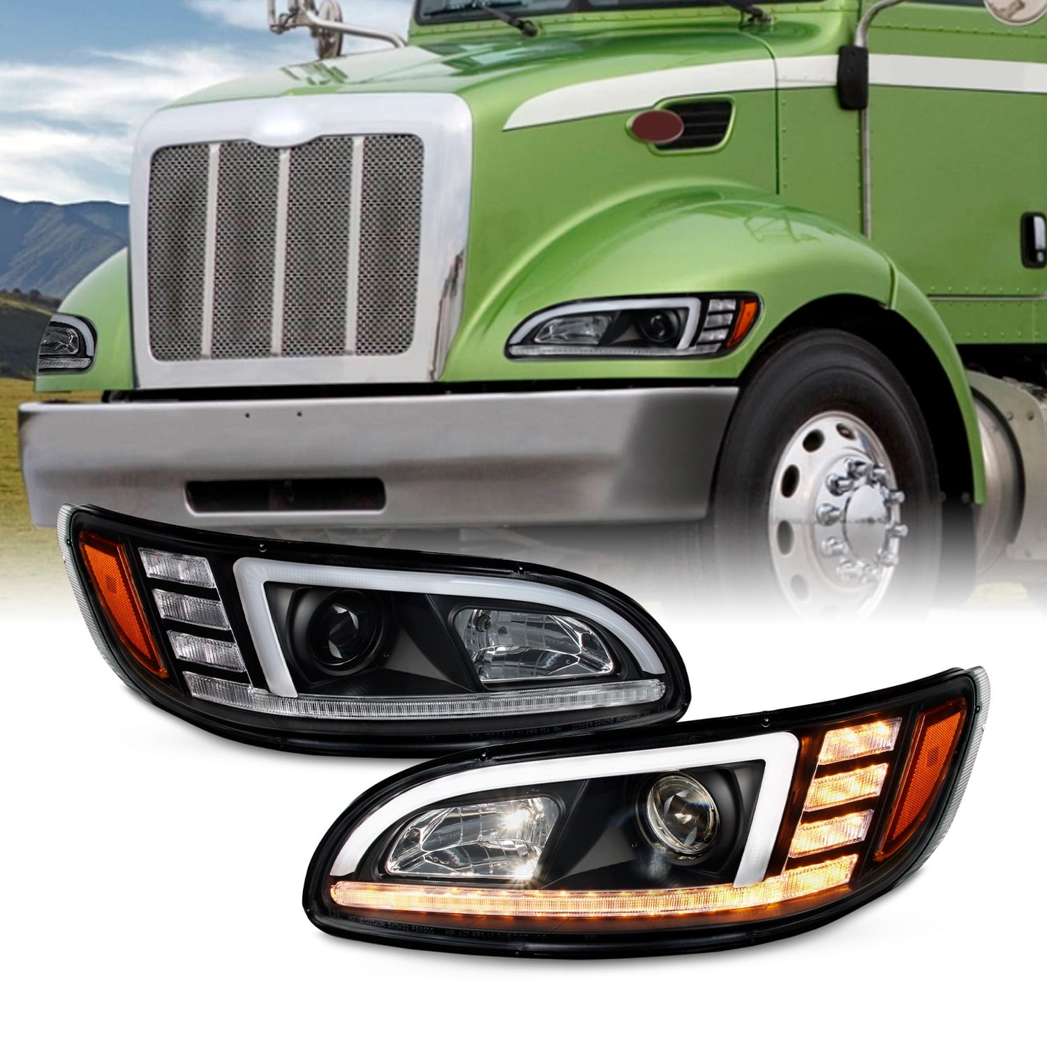 AKKON - Fit 1999-2020 Peterbilt Class 8 Truck Black Halogen Projector ...