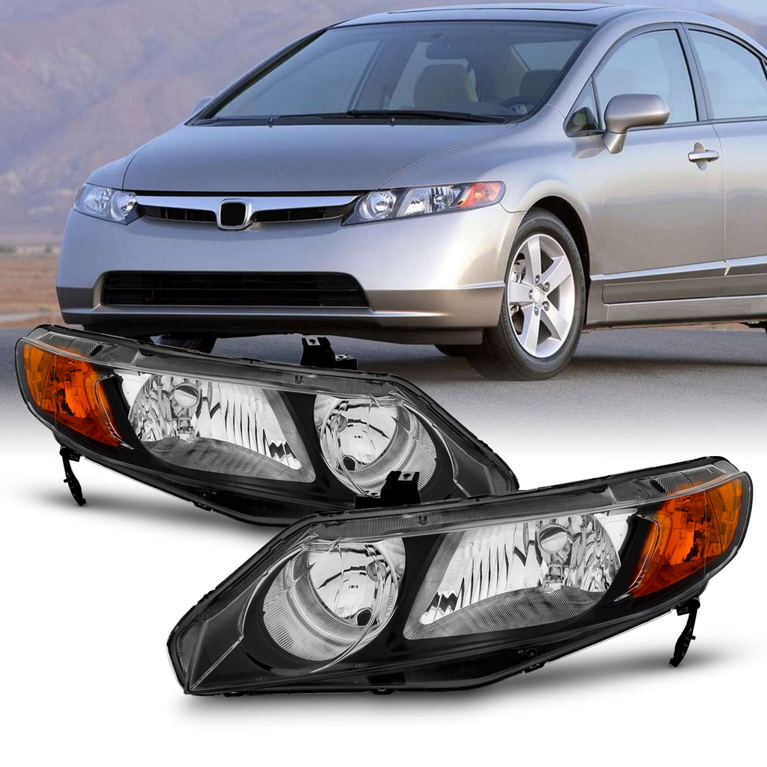 AKKON - Fit 2006-2011 Honda Civic Sedan 06-11 Halogen Type Headlights ...