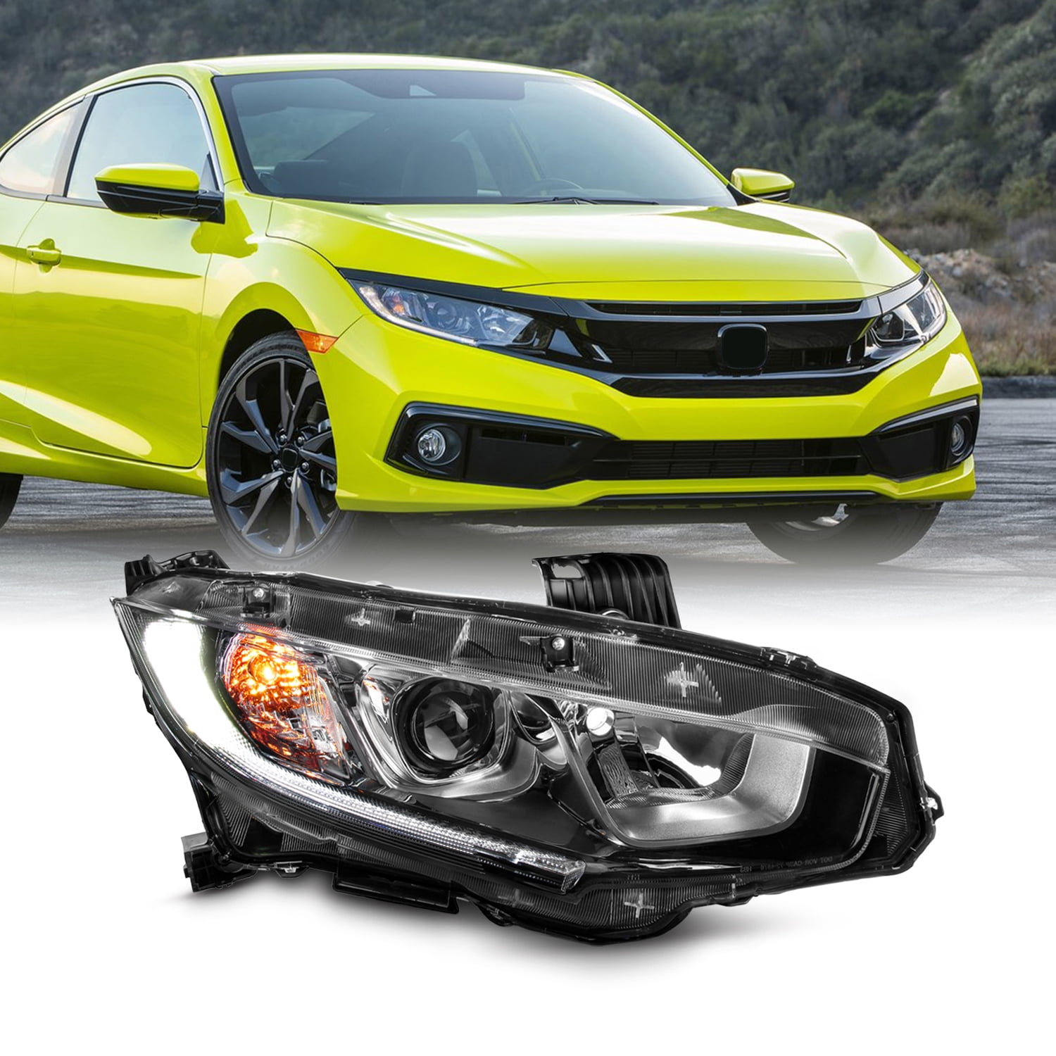 AKKON - Fit 2016-2021 Honda Civic 16-20 Halogen Type w/LED DRL ...