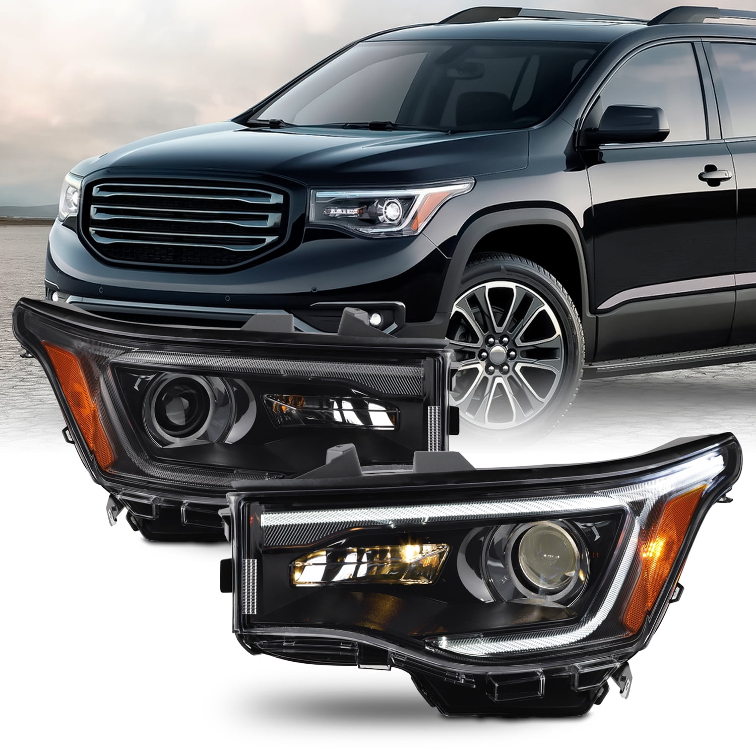 AKKON - Fit 2017 2018 2019 GMC Acadia 17-19 w/LED DRL Halogen Projector ...