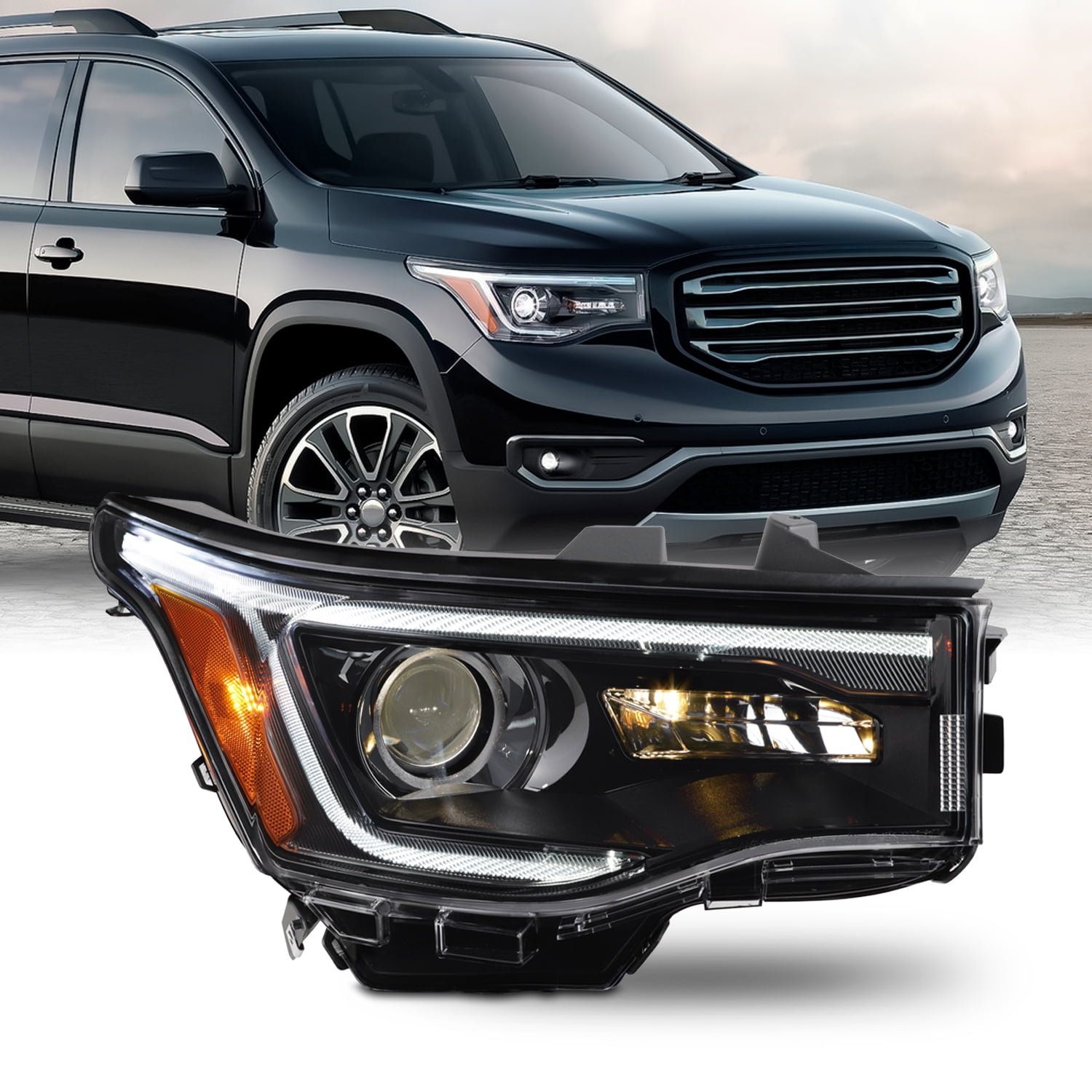 AKKON - Fit 2017 2018 2019 GMC Acadia 17-19 w/LED DRL Halogen Projector ...