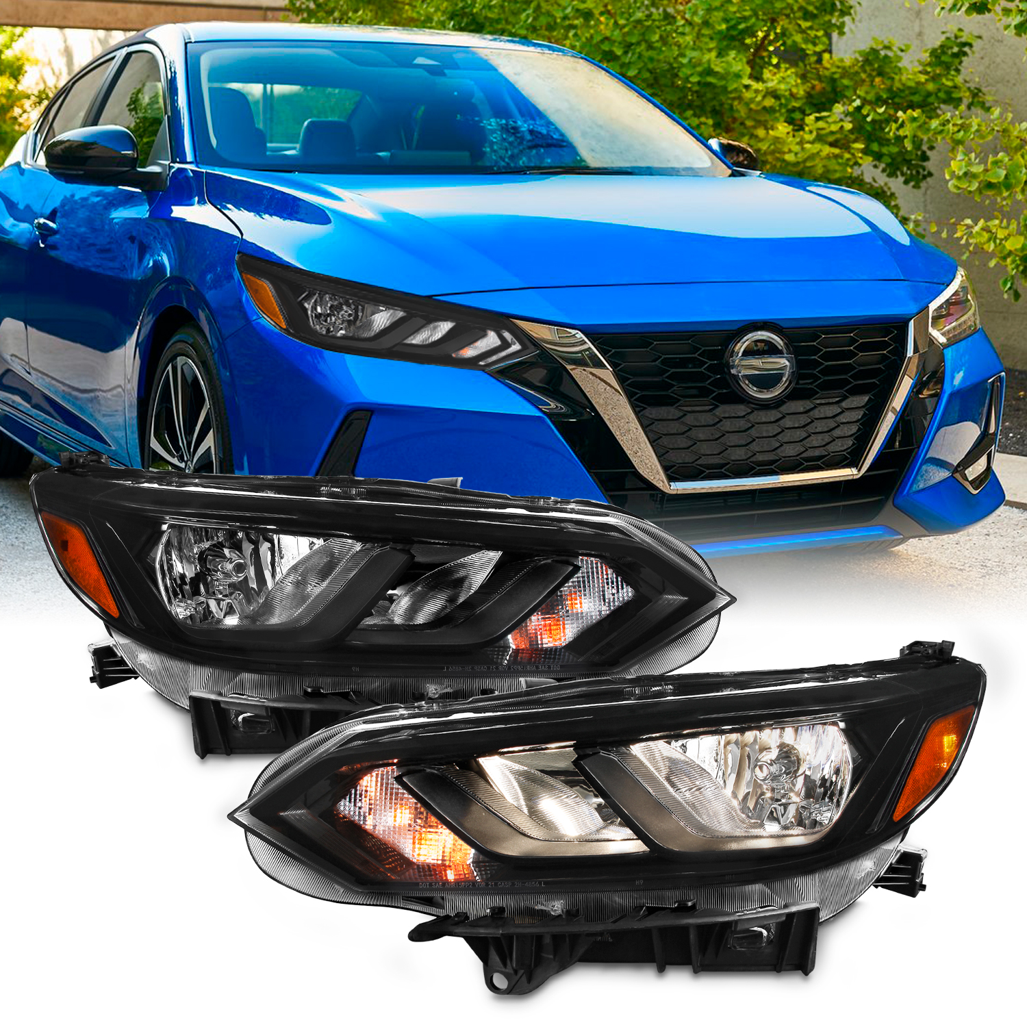 AKKON - Fit 2020 2021 2022 Sentra S/SV 4-Door Sedan [Halogen Type] w/o LED Black OE Style ...