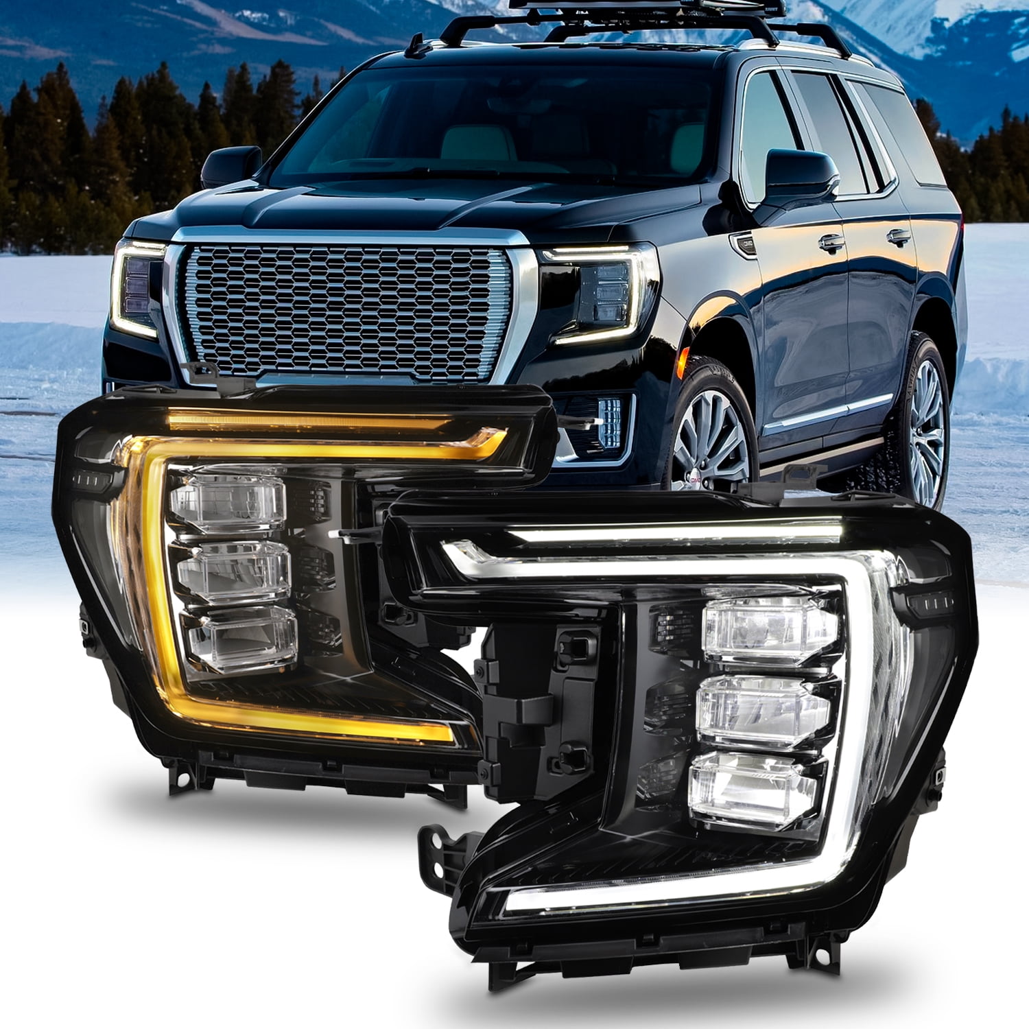 AKKON - Fit 2021-2023 GMC Yukon XL SLE | SLT Full LED Chrome Headlight Pair Left+Right w ...