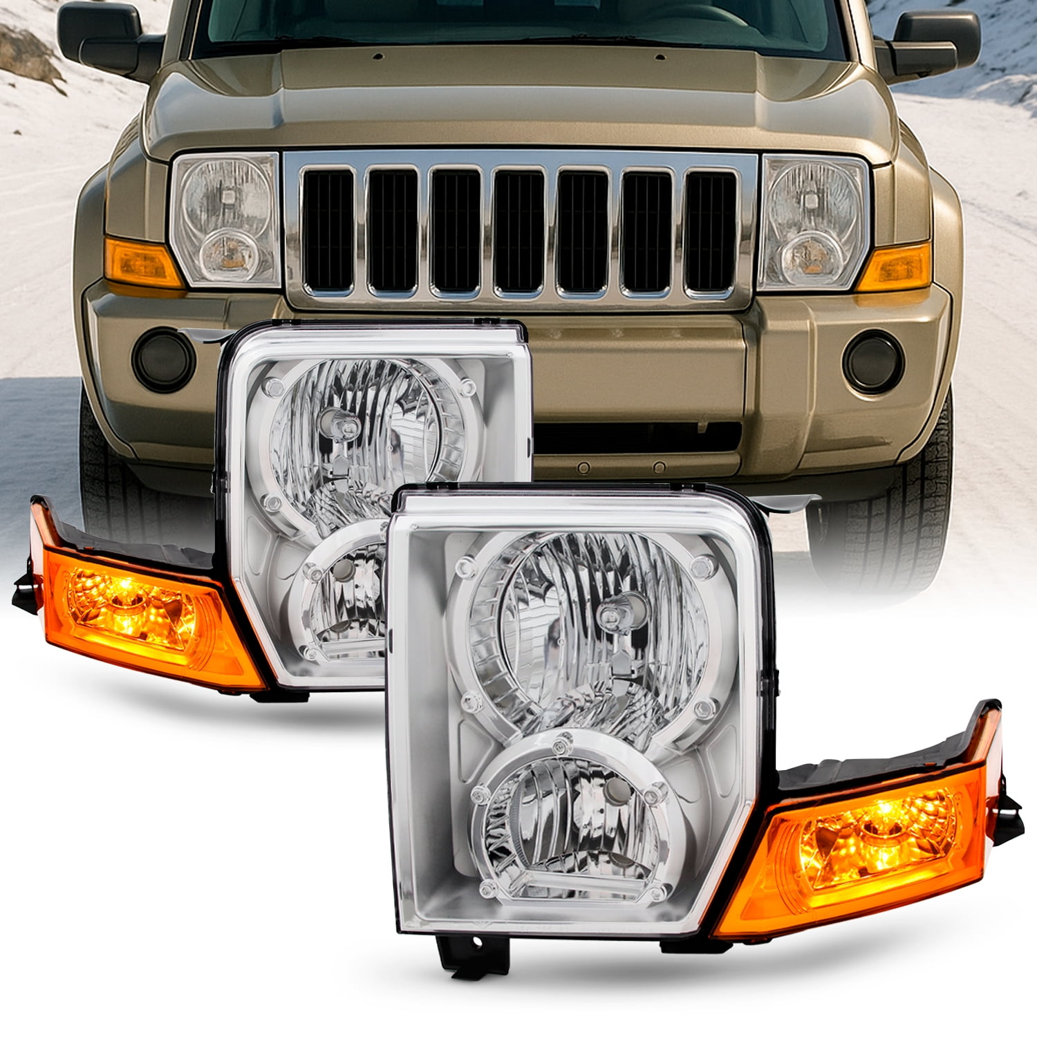 AKKON - Chrome Replacement Headlights for 2006-2010 Jeep Commander w ...