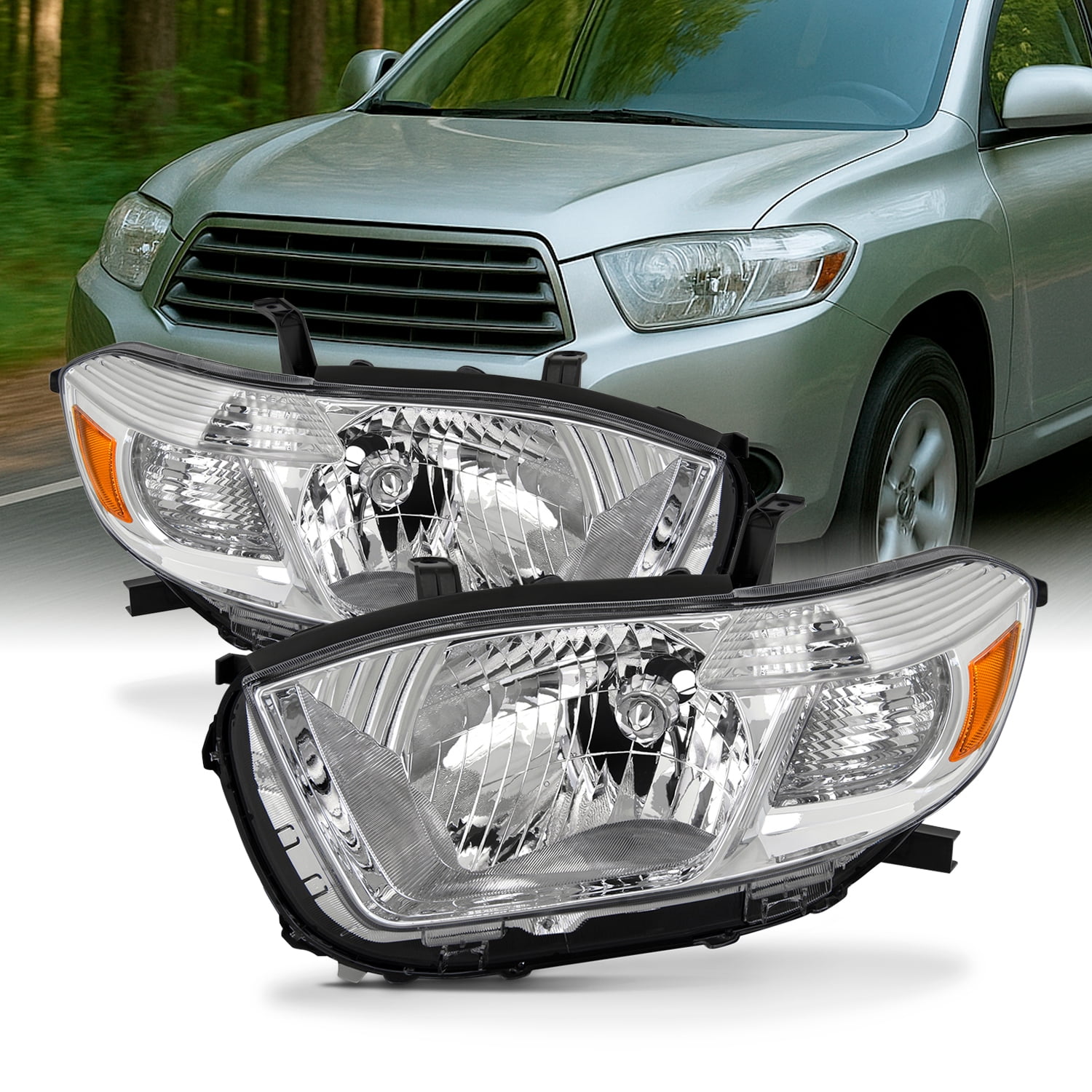 AKKON Chrome Headlights Pair for 2008-2010 Toyota Highlander, Halogen ...