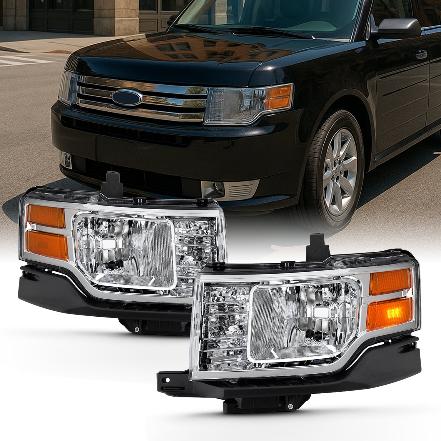 AKKON Chrome Headlight w/ Amber Side Signal Lamp Pair for 2009-2012 ...