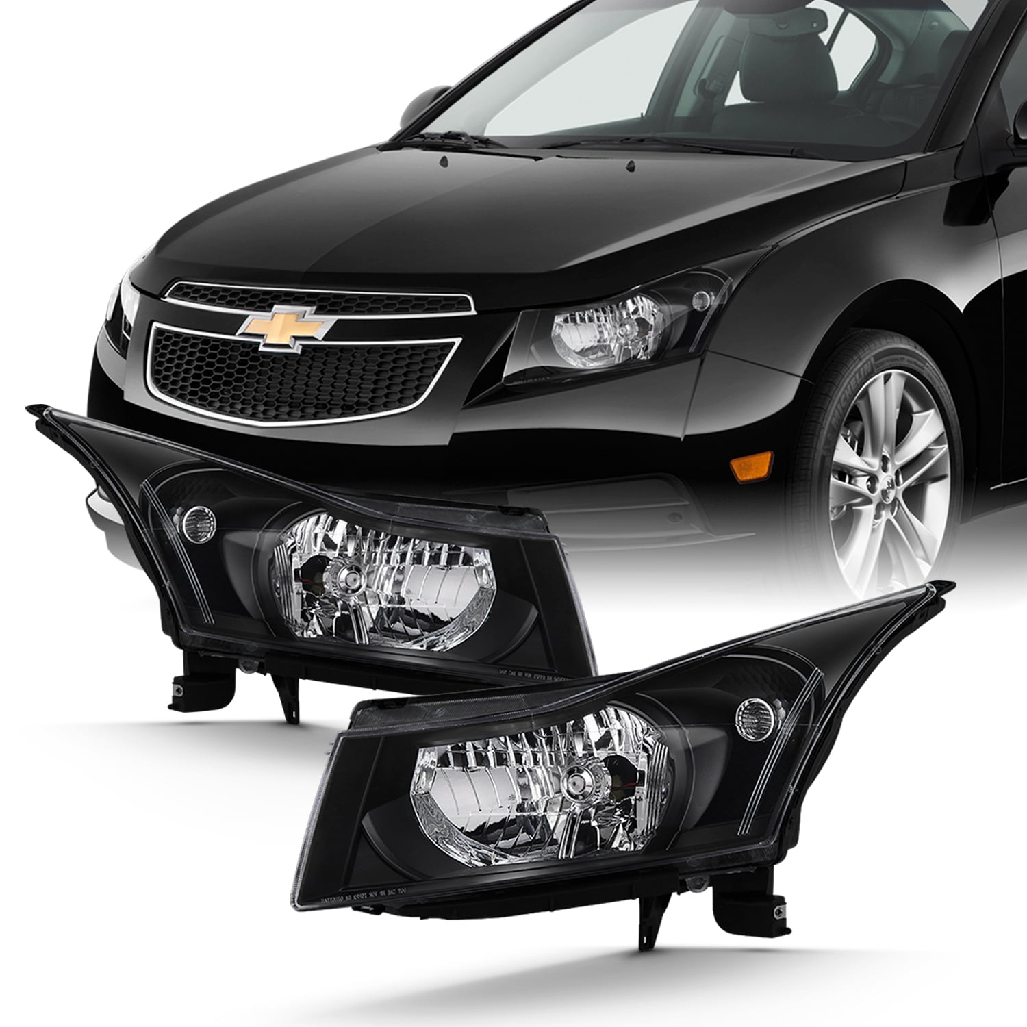 AKKON - Front Light for 2011-2015 Chevy Cruze Sedan, Black Headlights ...