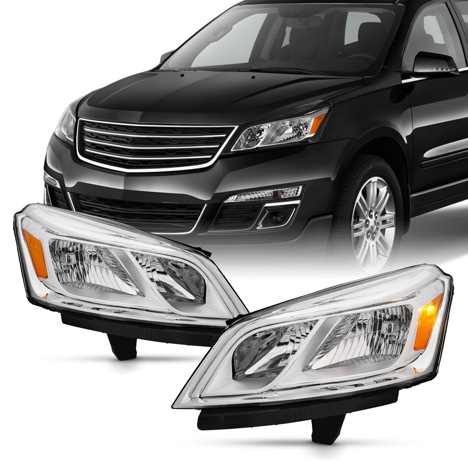AKKON - Chrome Headlights Pair for 2013-2017 Chevy Traverse, Halogen ...