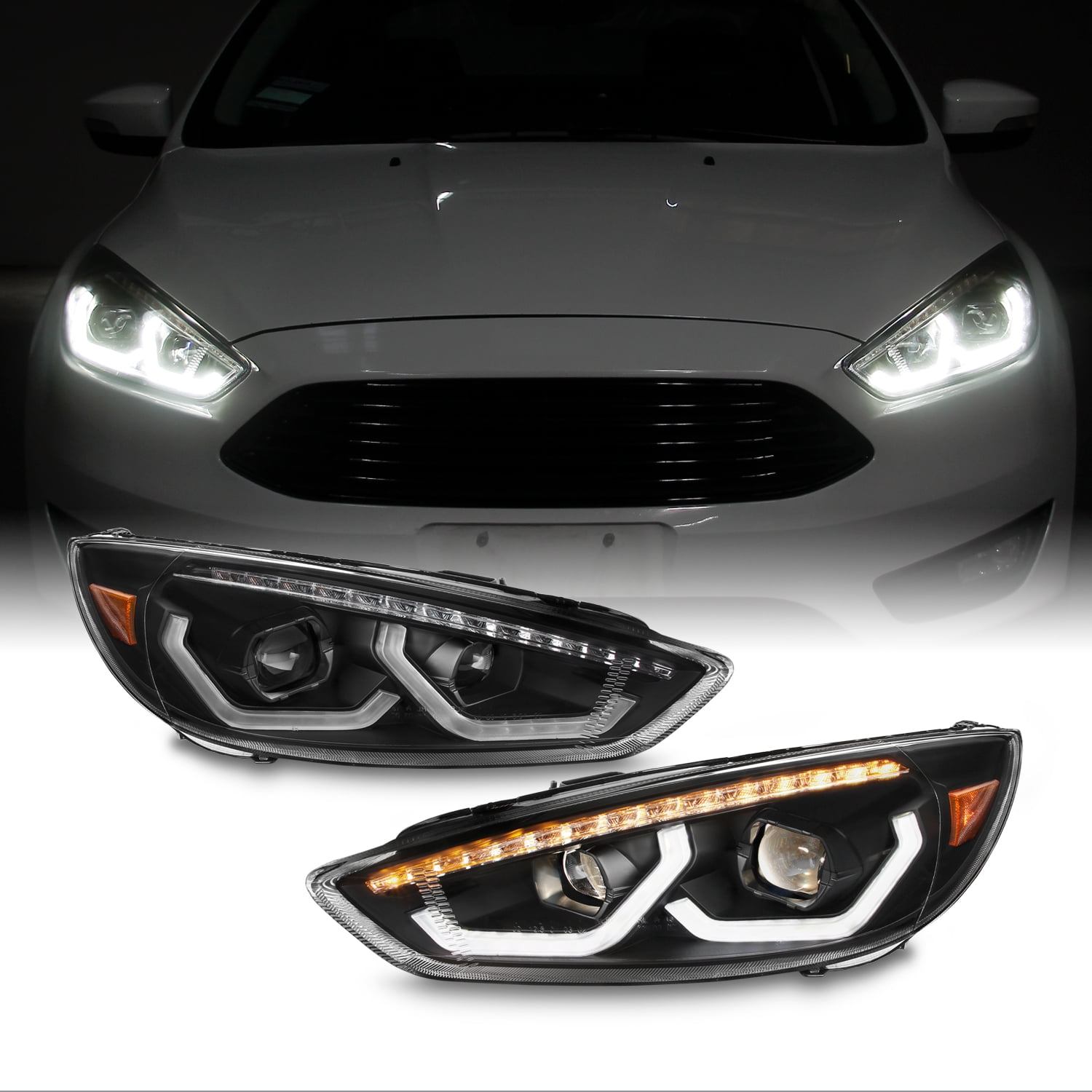 AKKON - Front Light for 2015-2018 Ford Focus, LED DRL, Halogen Type ...