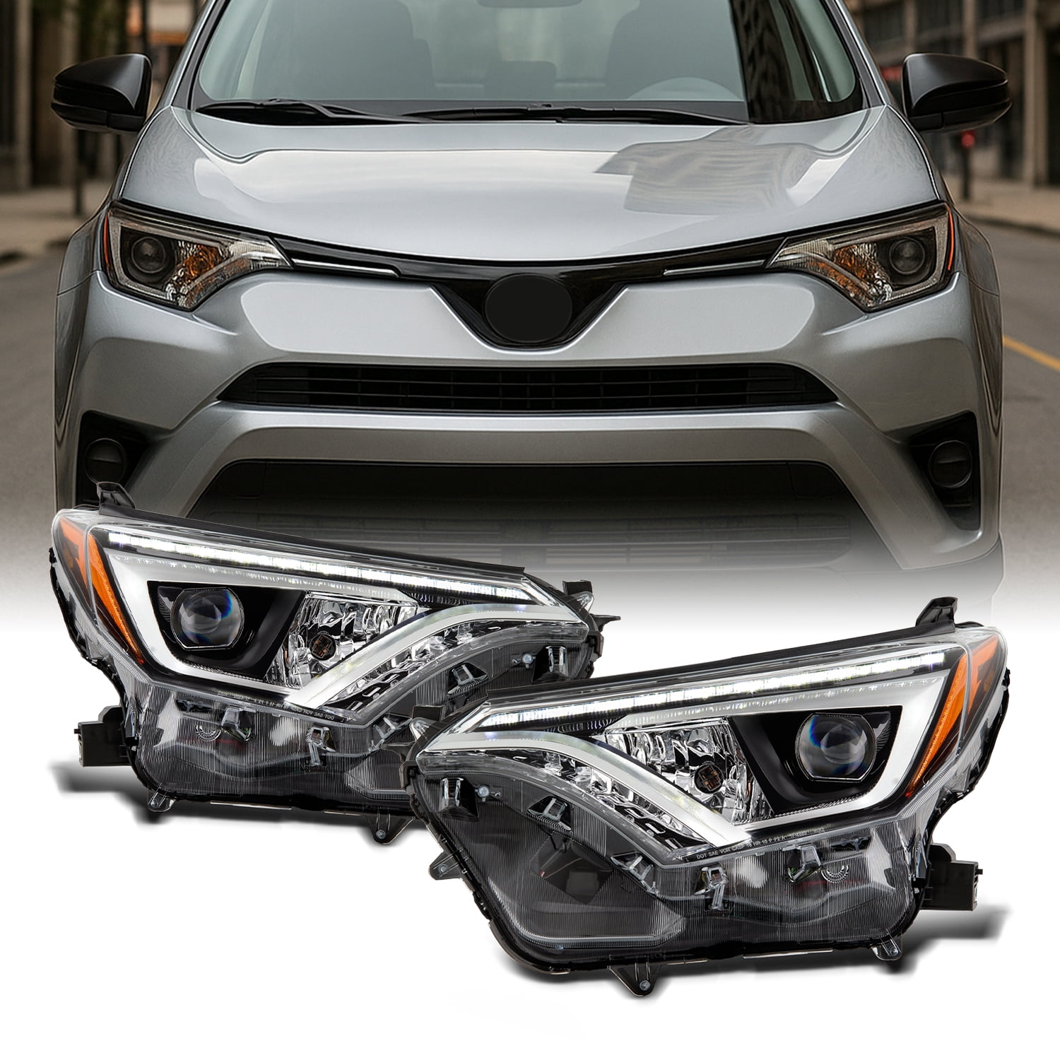 AKKON - Fits 2016 2017 2018 Toyota Rav4 LED DRL Projector Chrome ...
