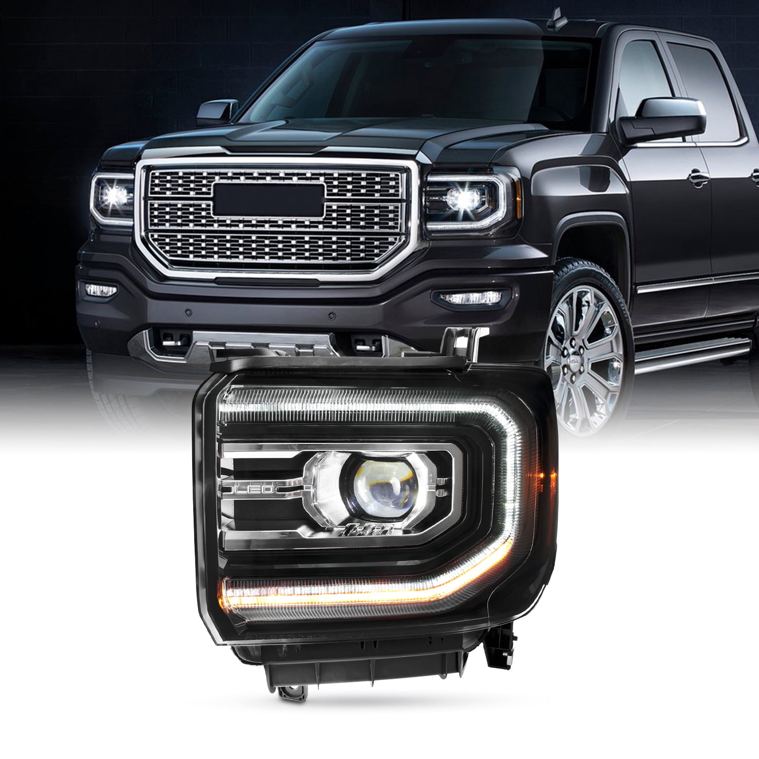 AKKON - Fits 2016-2018 GMC Sierra 1500 2019 1500 Limited [FULL LED] Projector Black Headlights w ...