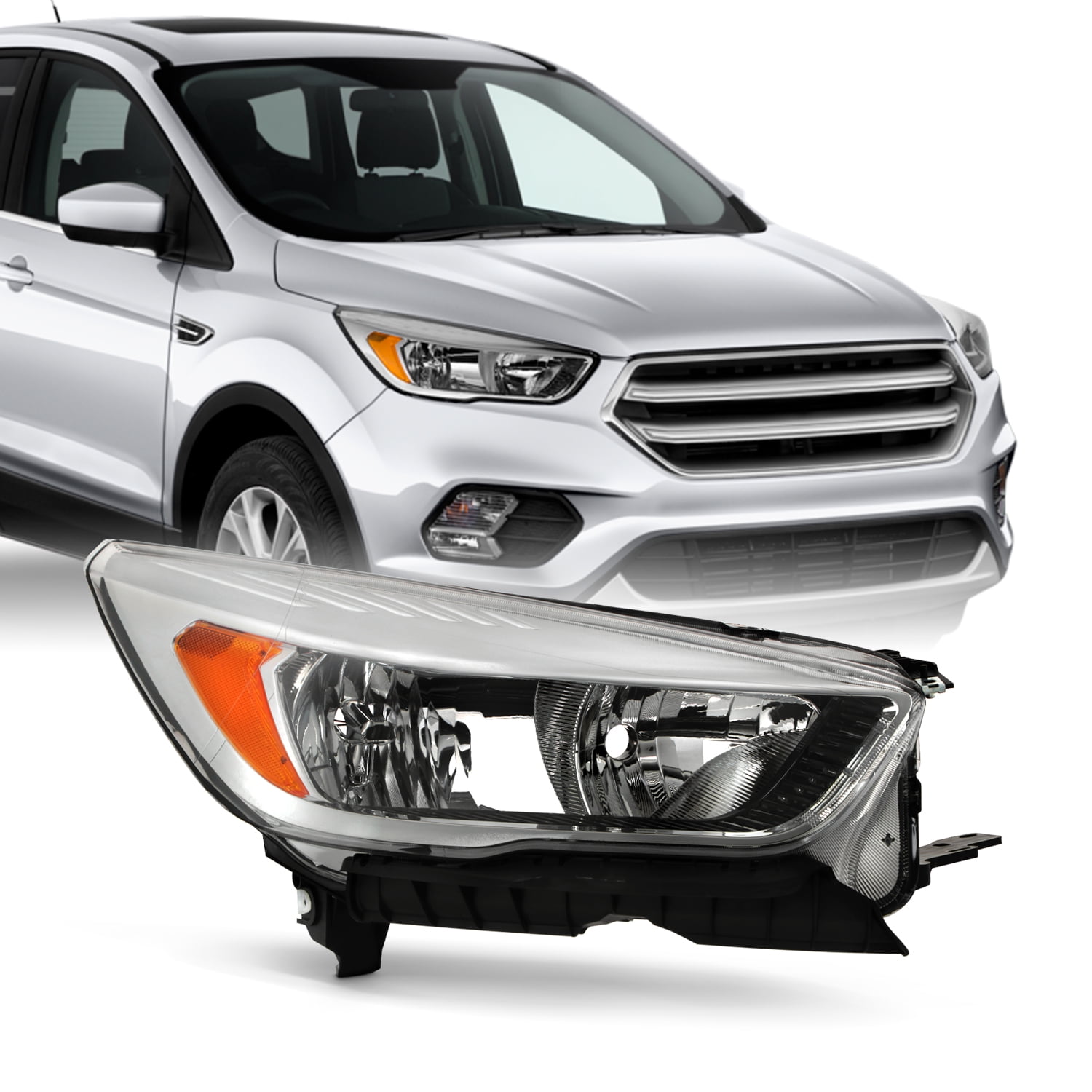 AKKON - Fits 2017 2018 2019 Ford Escape [Halogen Type] Chrome Headlight ...