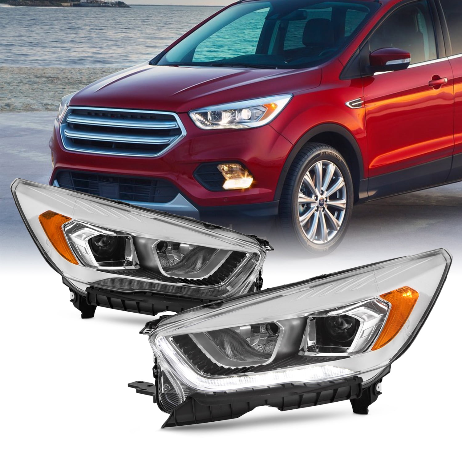 AKKON -Fits 2017-2019 Ford Escape Halogen Type Projector Chrome Bezel ...