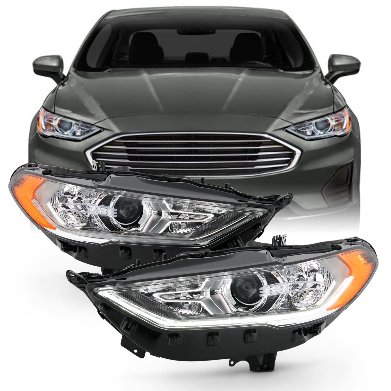AKKON - Chrome Headlights Pair for 2017-2020 Ford Fusion, Halogen w ...
