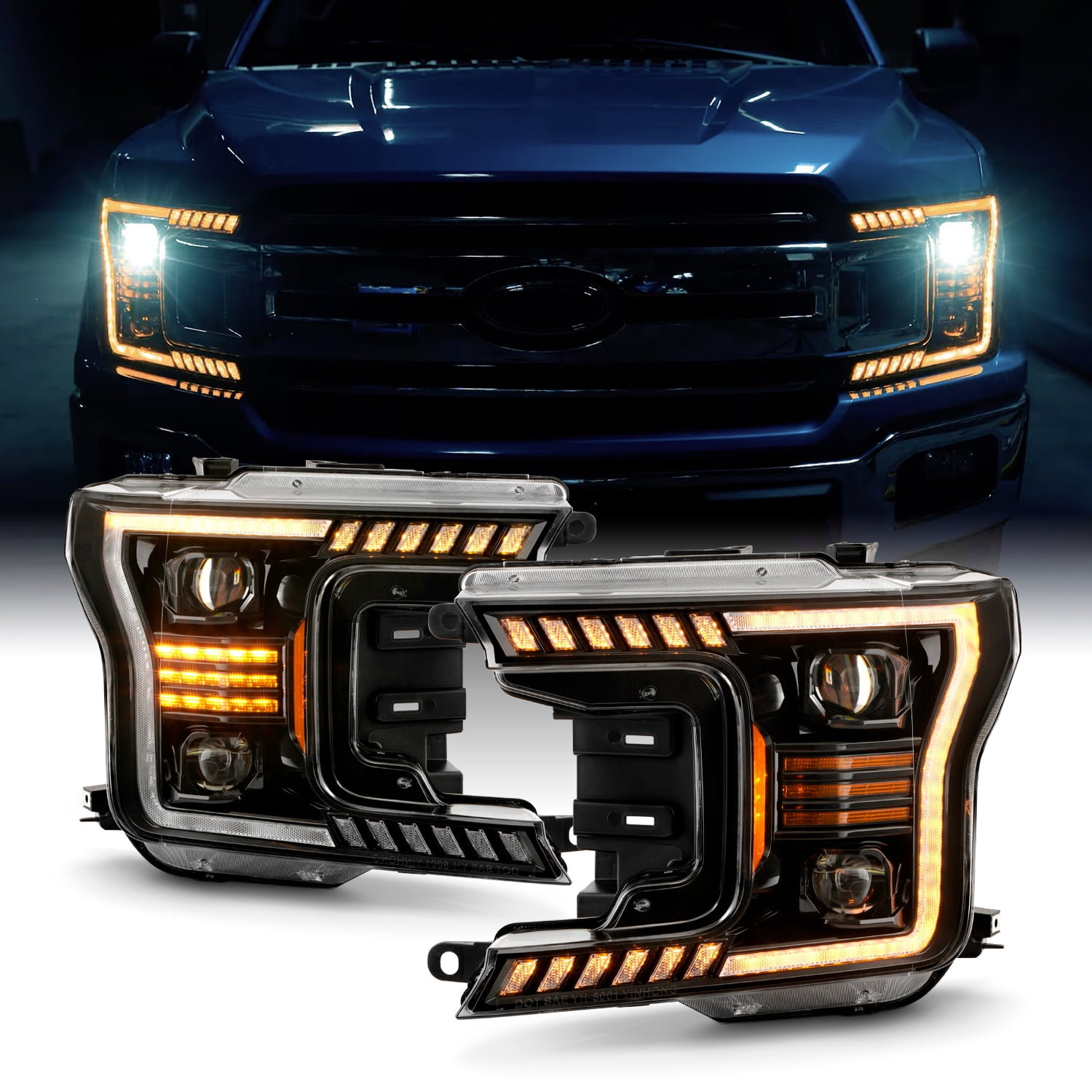 AKKON - LED Projector Black Headlights Pair w/ Sequential Signal Amber ...