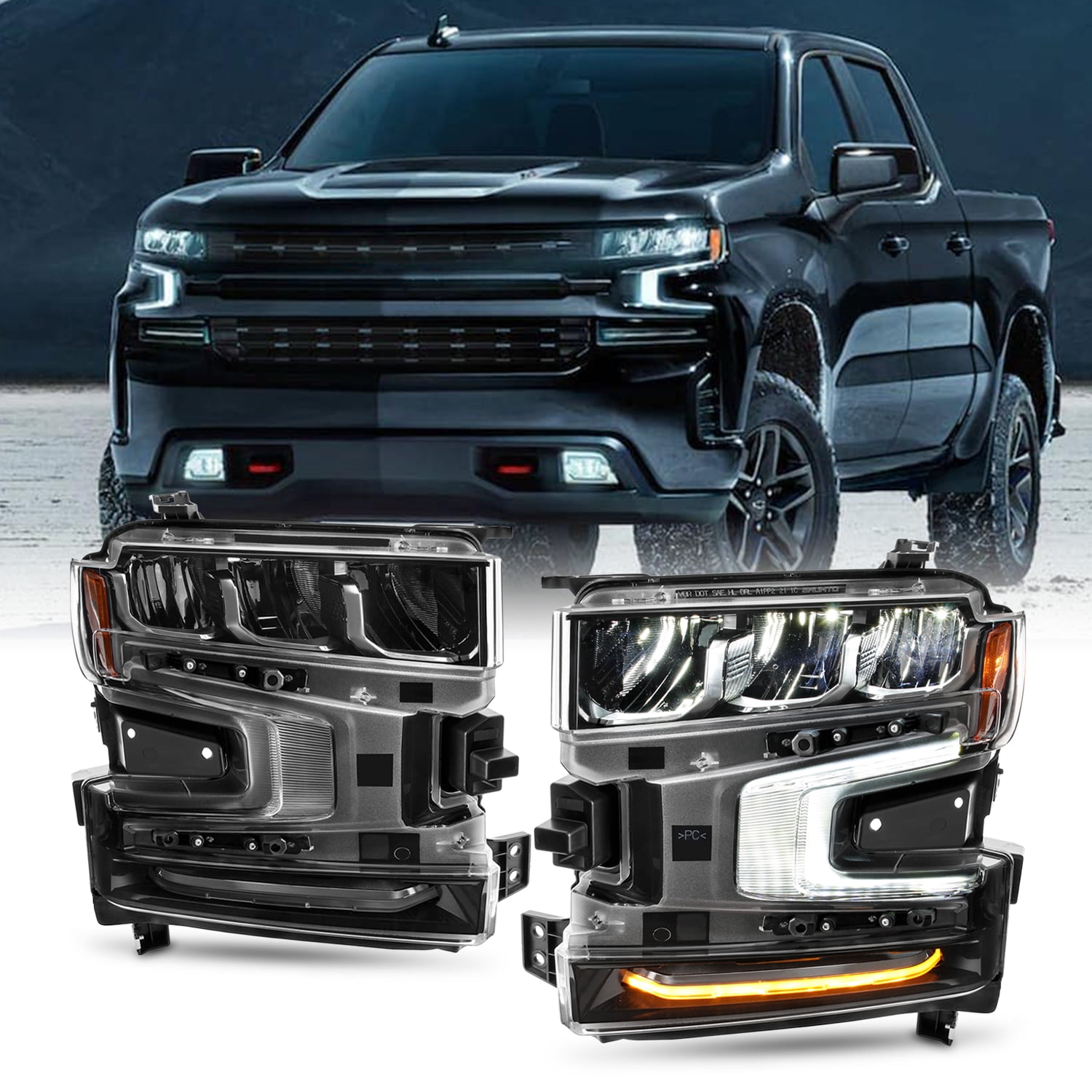 AKKON - 2019-2021 Chevy Silverado 1500 Full LED Black Headlights Pair ...