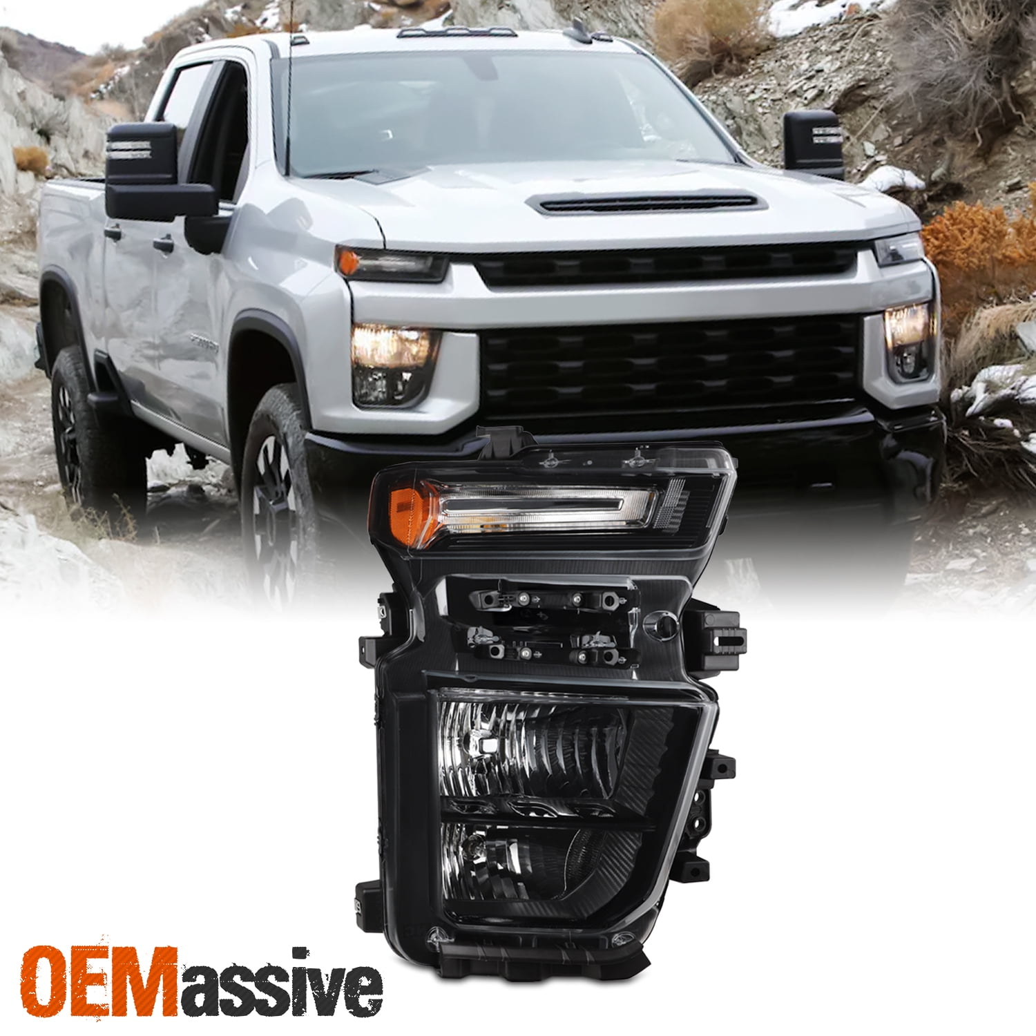 AKKON Fits 2020 2023 Chevy Silverado 2500 HD 3500HD WT LT CUSTOM Halogen Type Black Headlight Passenger Right Side
