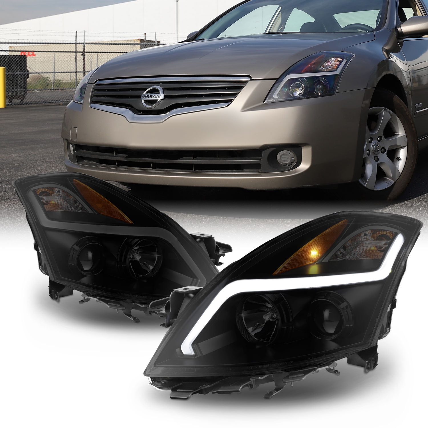 AKKON - LED Strip Projector Headlight Black Housing Assembly Smoke Lens ...