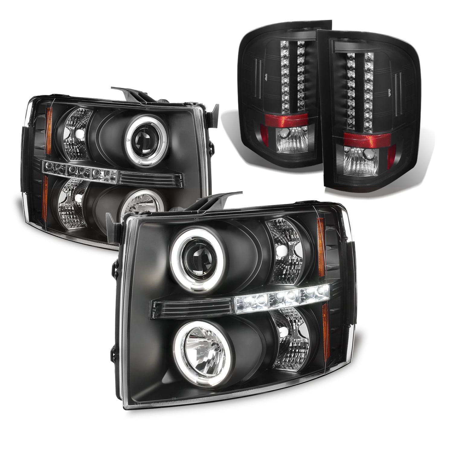 AKKON Chevy Silverado Headlights and Tail Lights, LED Halos, Black ...