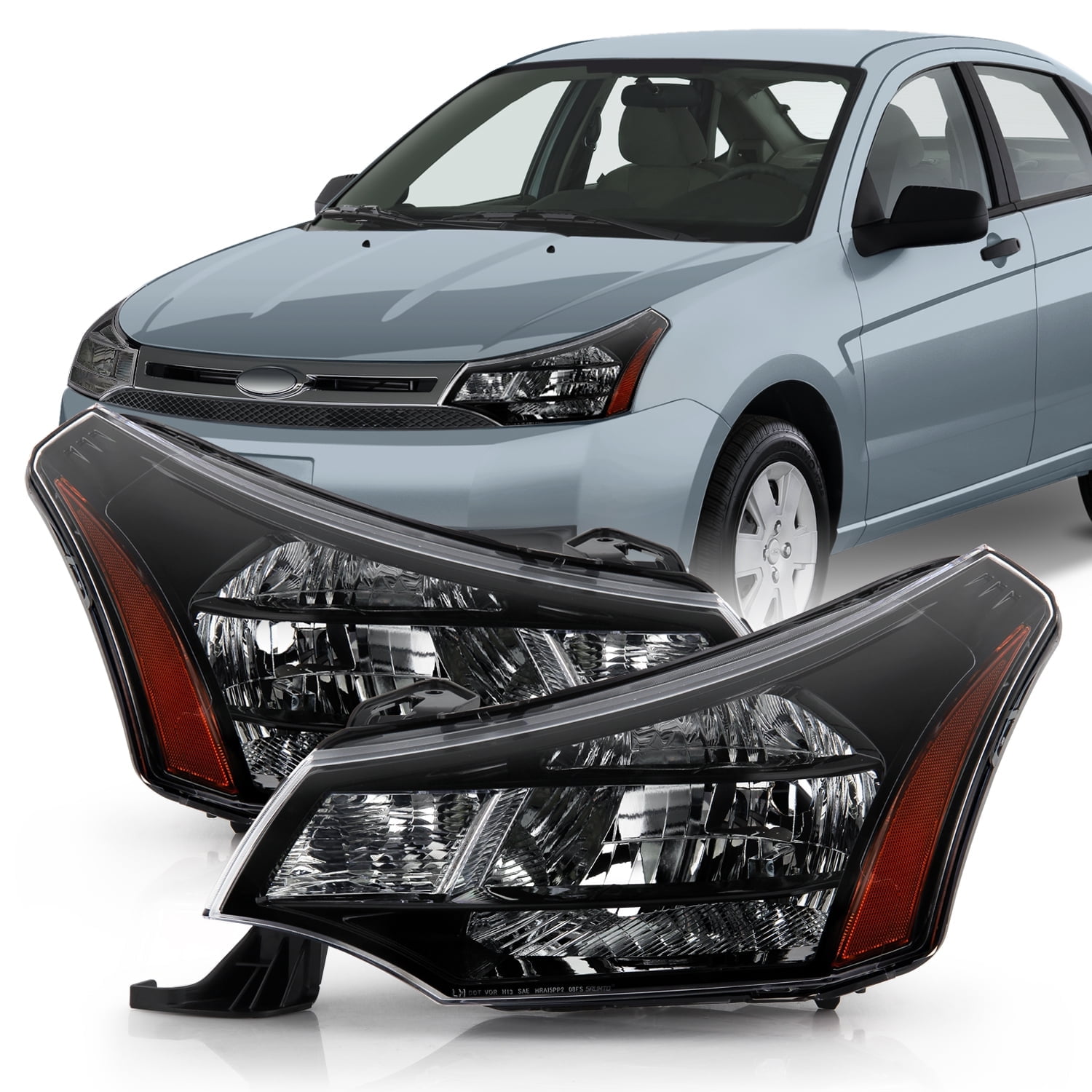 Ford Focus 2008-2011 Black Replacement Headlights - Left & Right, Clear ...