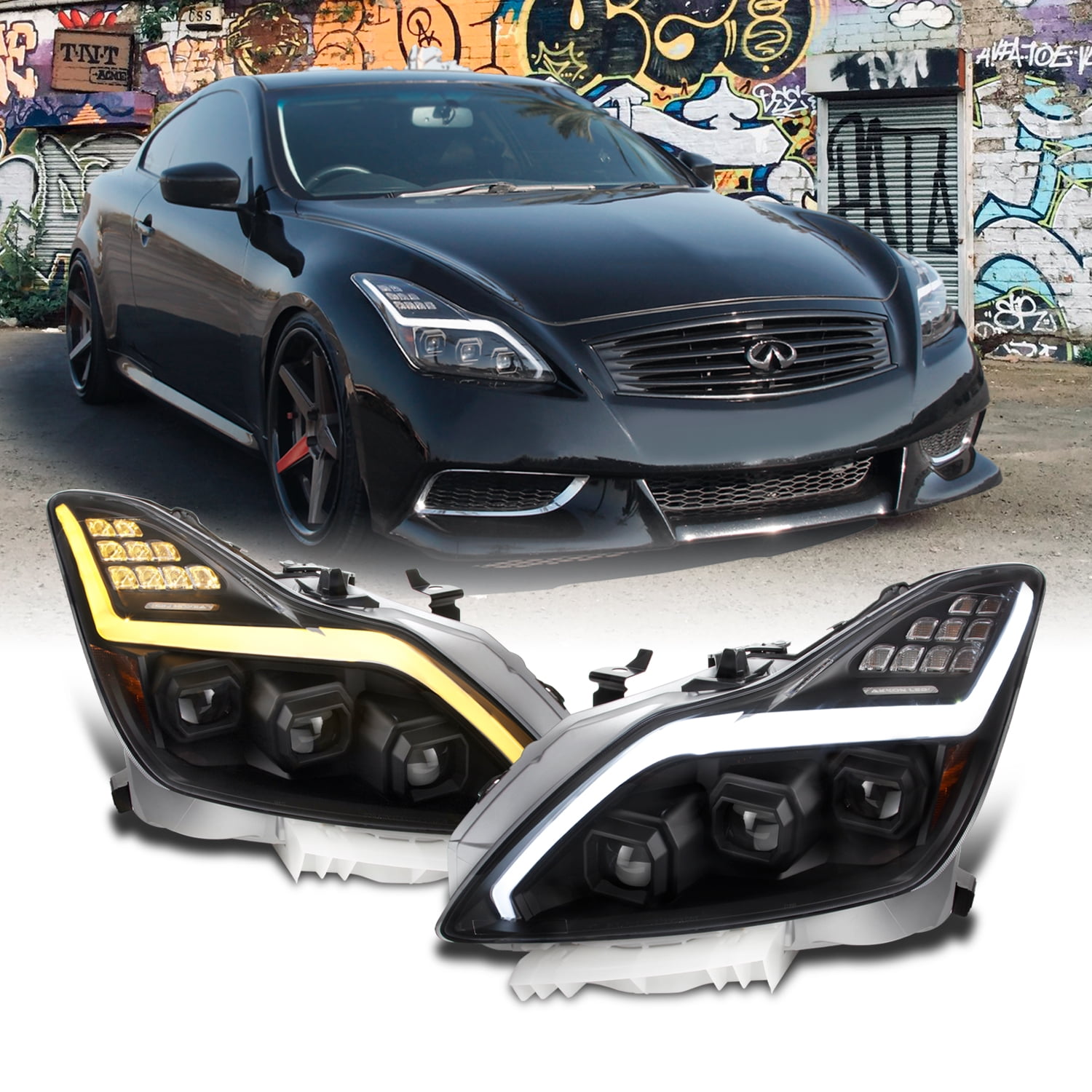 AKKON Full LED Low/High Beam Headlights for 2008-2015 G37/Q60 Coupe with Sequential Signal Tube ...