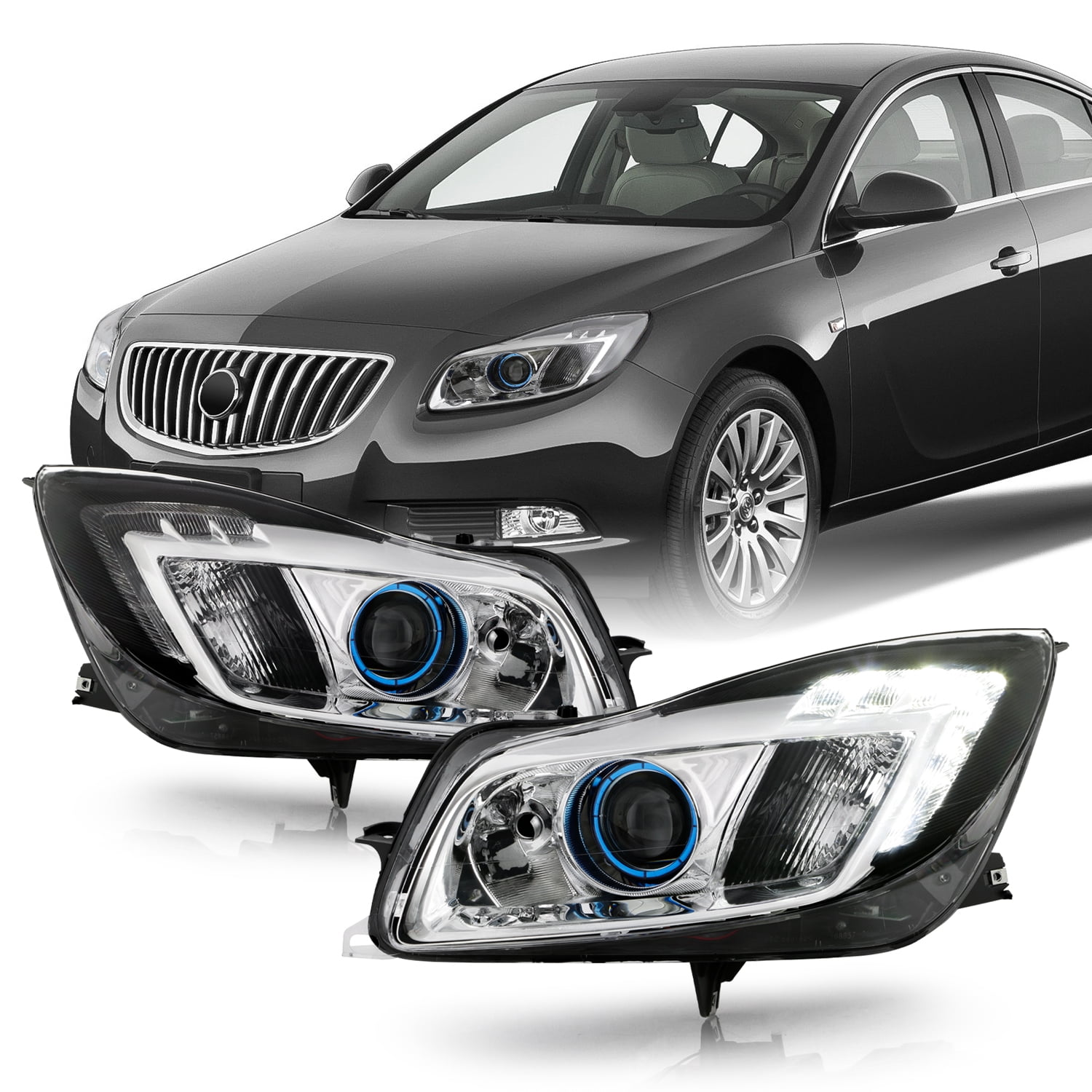 AKKON - 2011-2013 Buick Regal Headlight, Halogen Model Upgrade LED DRL ...