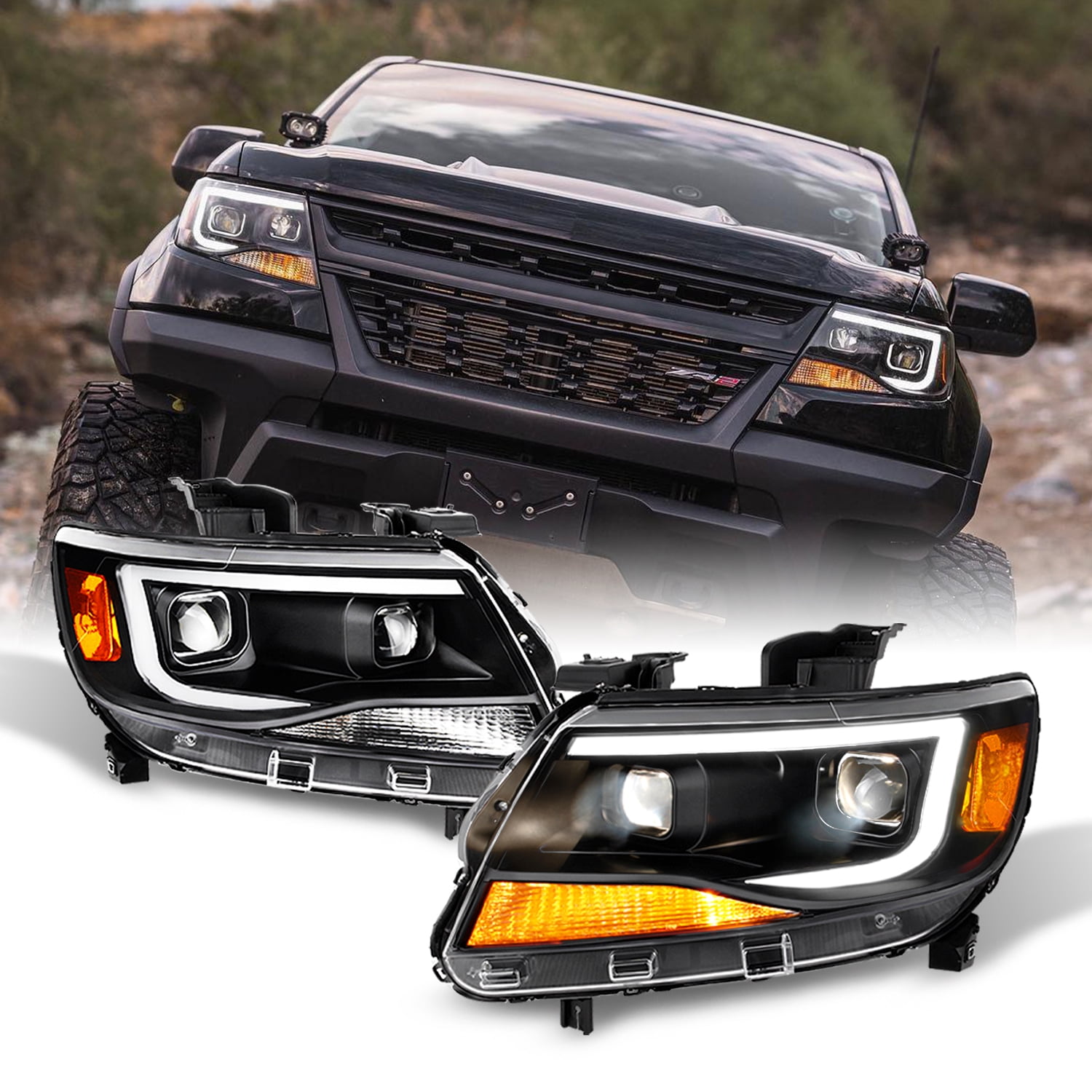 AKKON - Black LED DRL Dual Square Projector Headlights Pair Set for 2015-2021 Chevy Colorado ...