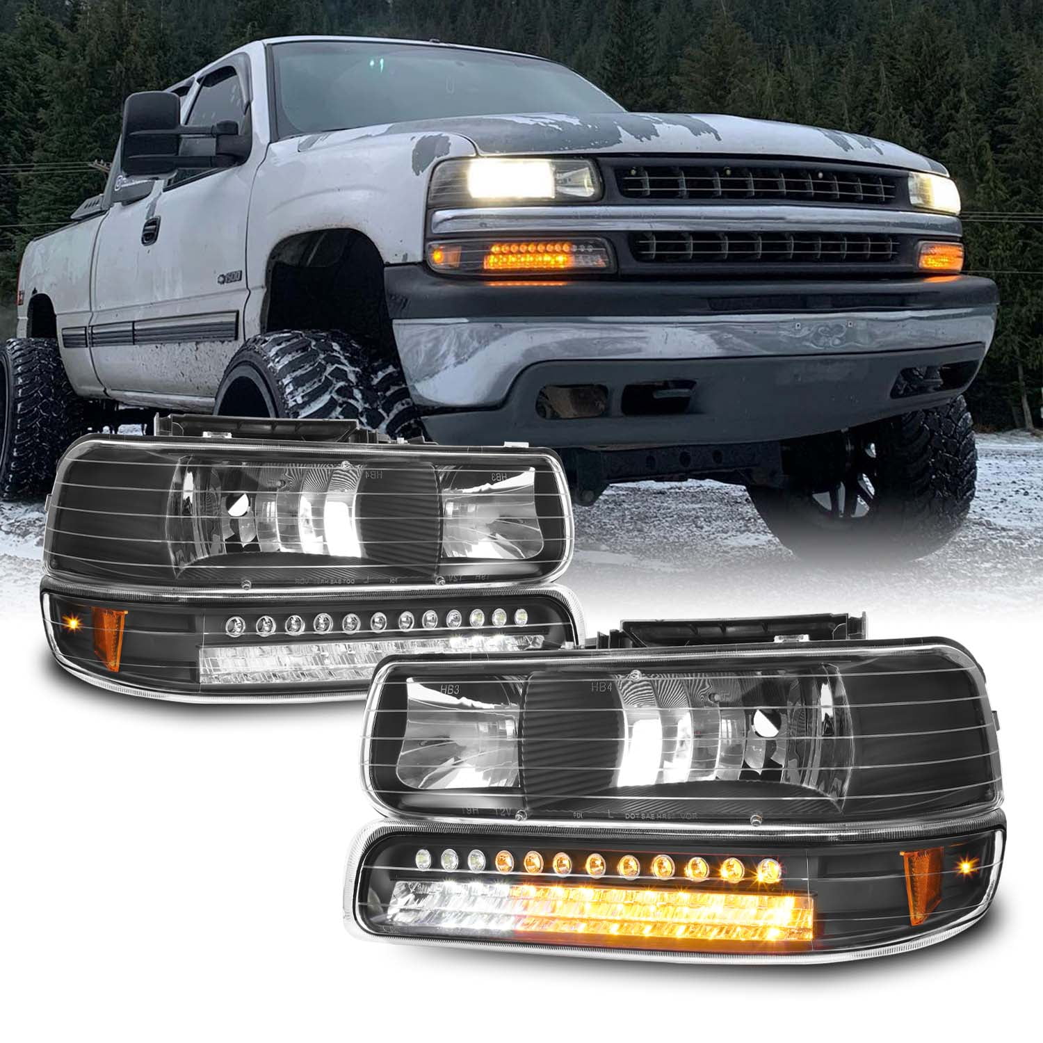 AKKON - For Black Bezel 99-02 Chevy Silverado Headlights Replacement ...
