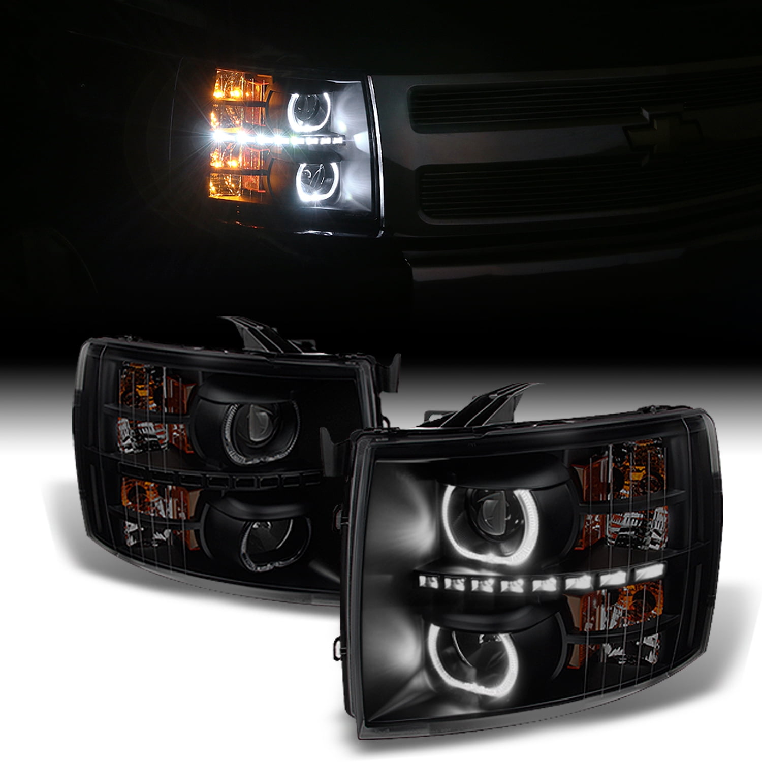 AKKON - Chevy Silverado Pickup Black Smoke Halo Projector Ultra Bright ...