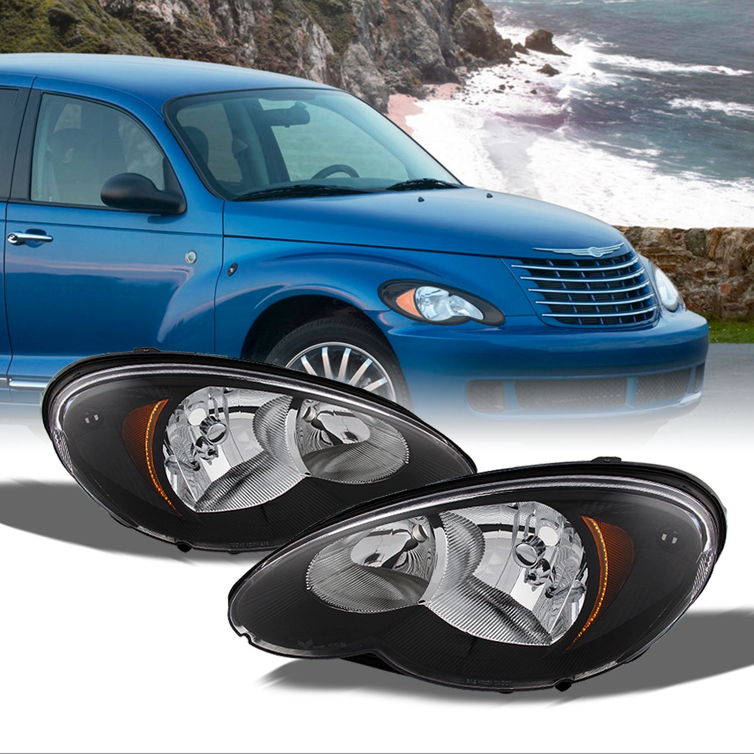 AKKON - For Chrysler PT Cruiser OE Replacement Black Bezel Headlights ...