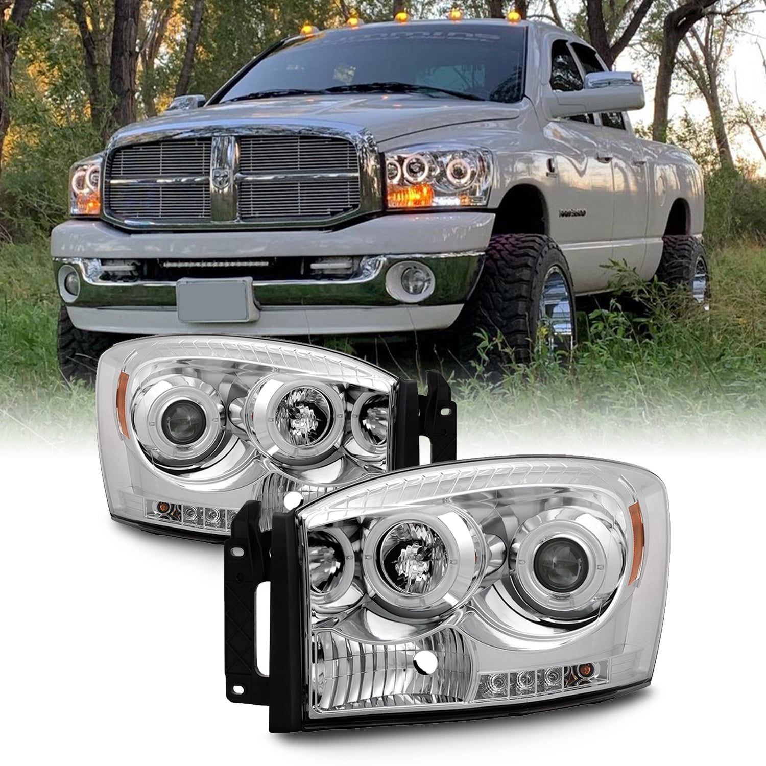 AKKON - Dodge Ram LED Projector Headlights, Dual Halo Ring, Chrome ...